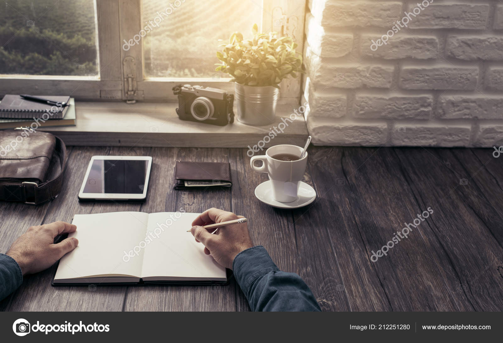 Man Sitting Desk Front Window Writing Notebook Point View Shot Stock ...