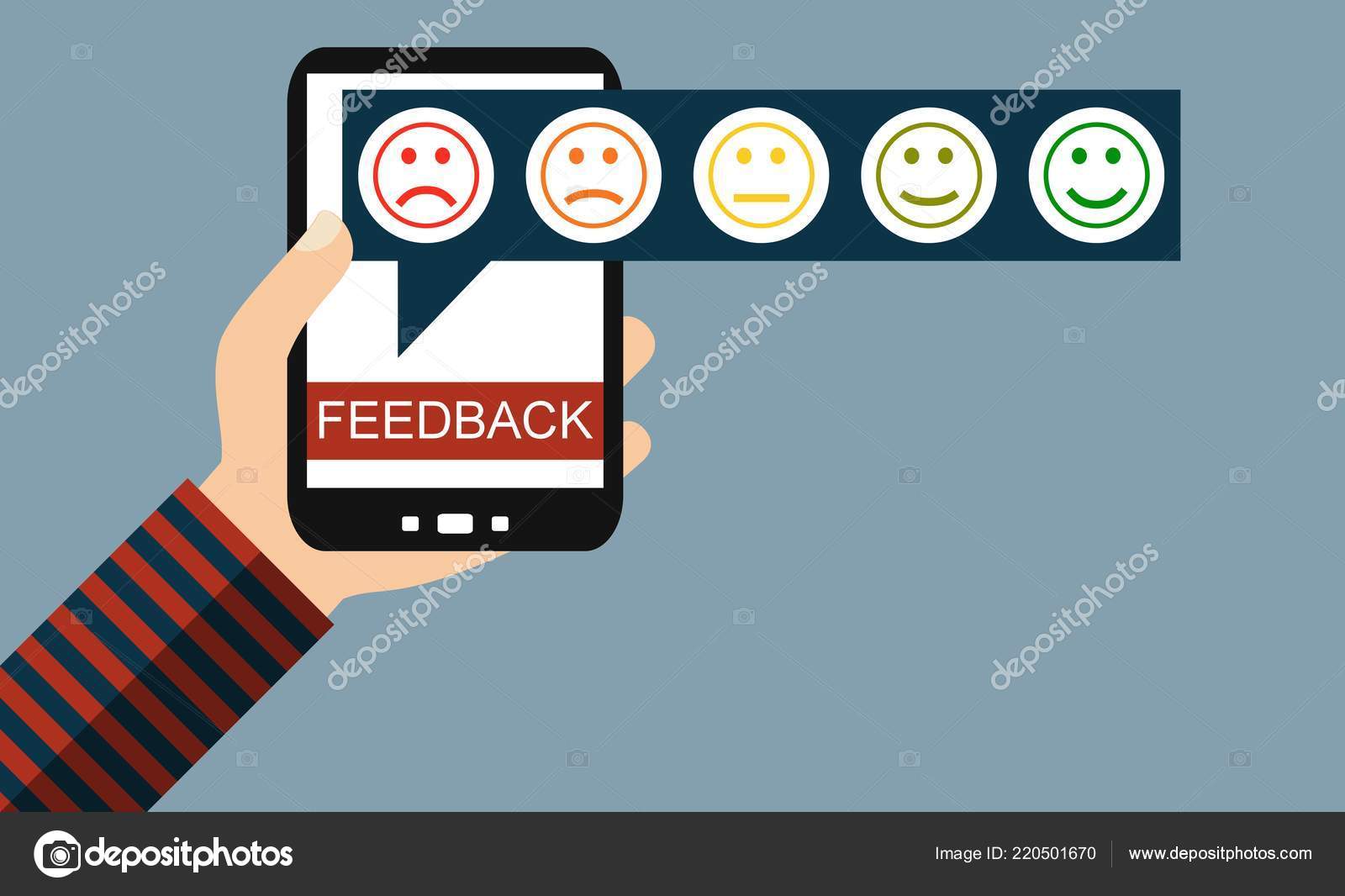 Hand Holding Smartphone Feedback Icons Flat Design Stock Photo by ...
