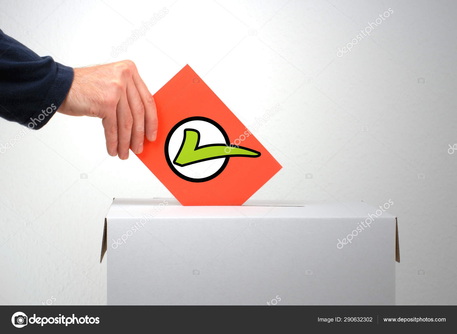 Hand inserting envelope with green tick into ballot box — Stock Photo ...