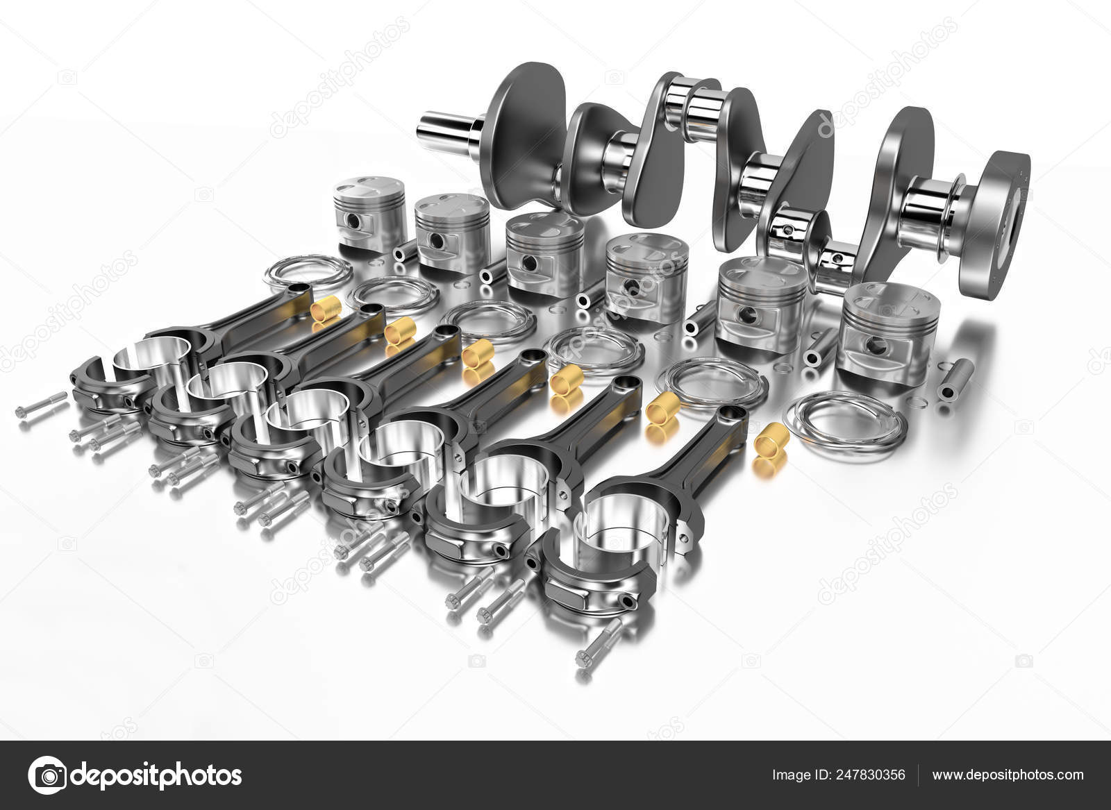 3D rendering. Engine bearing crankshaft with pistons and piston rings ...
