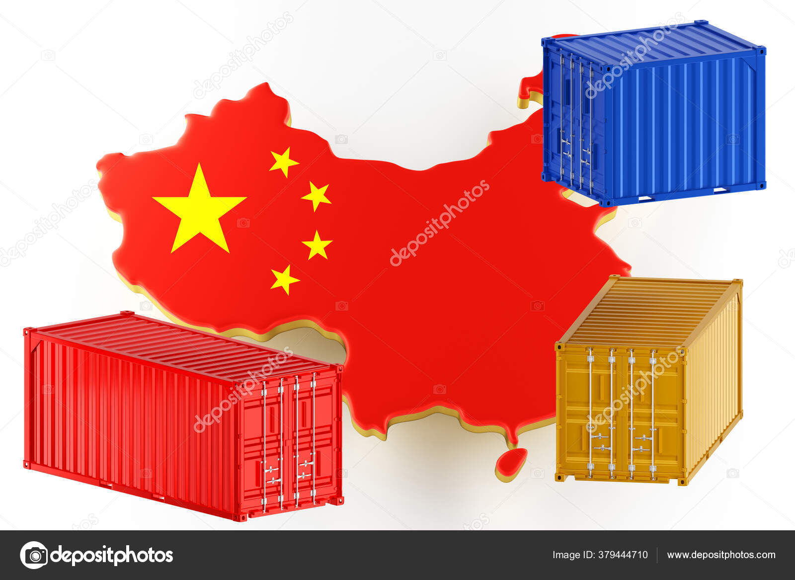 Map of China land border with flag. Freight shipping in containers. 3d ...