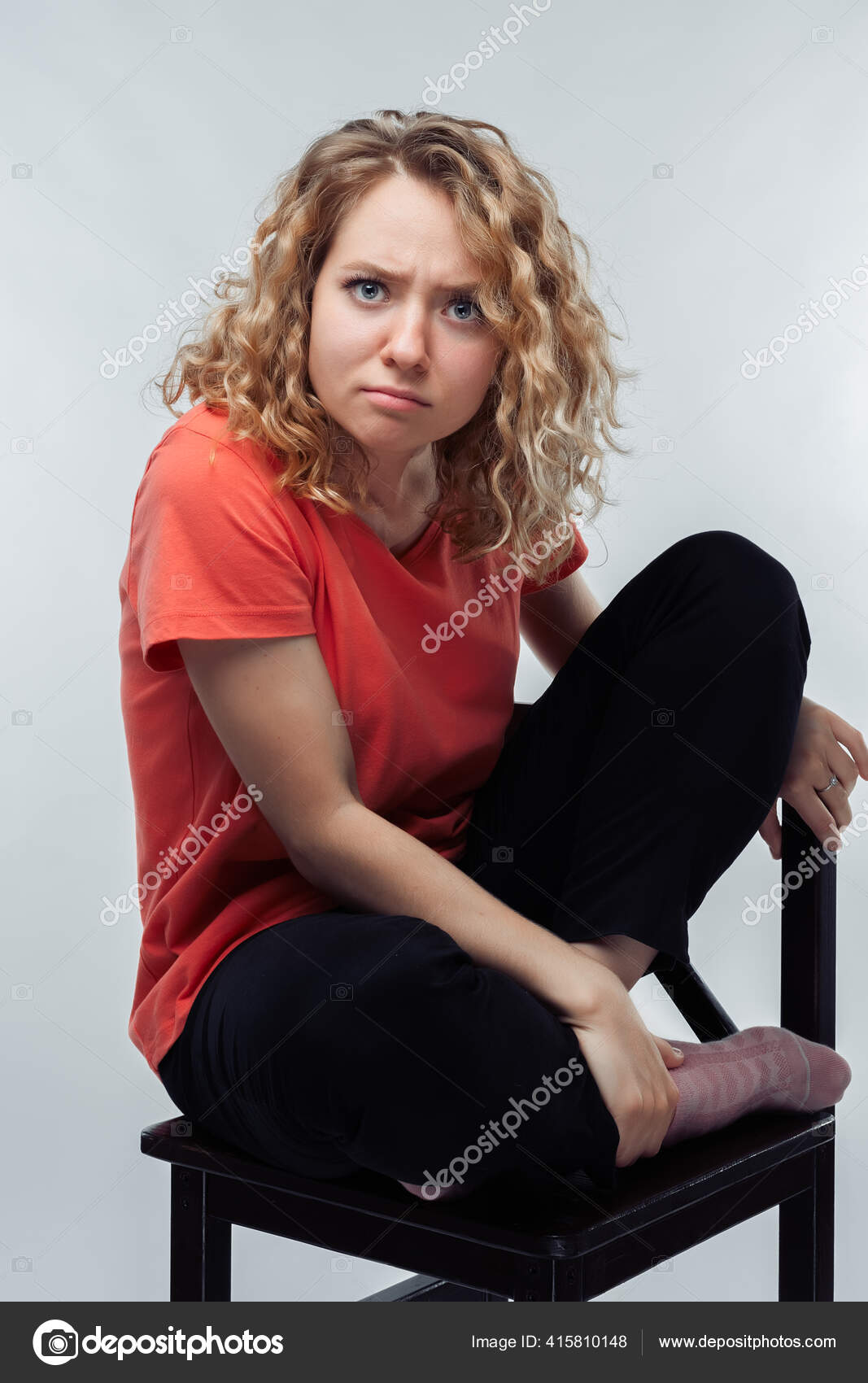 Image Nice Brooding Woman Curly Hair Thinking Looking Camera Dressed ...