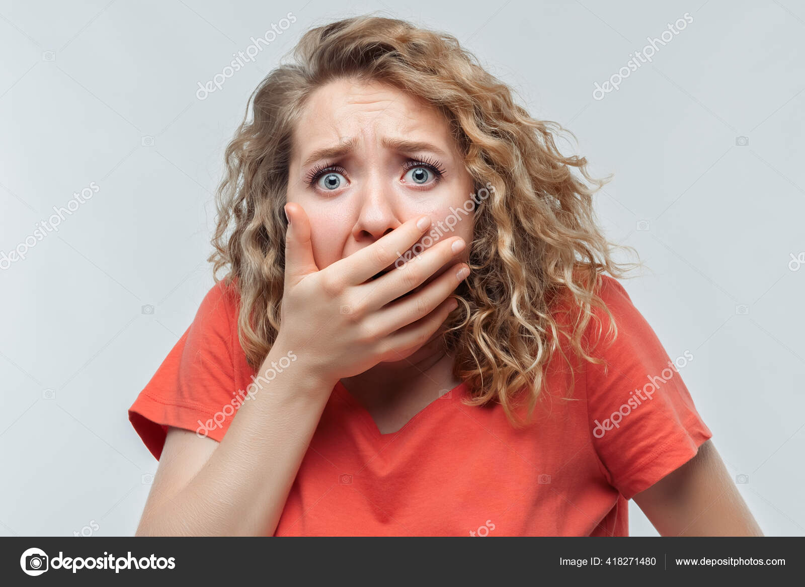 I'm Afraid Image Scared Blonde Girl Curly Hair Casual Shirt Stock Photo by ©AstiMak 418271480