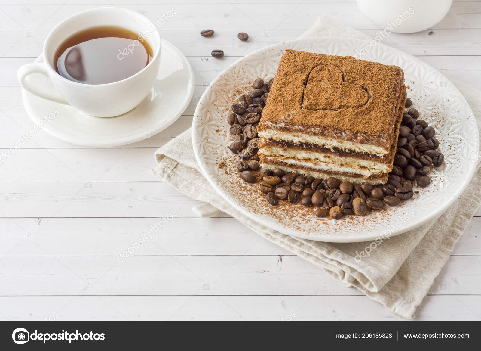 Delicious Tiramisu Cake Coffee Beans Plate Cup Coffee Light Background ...