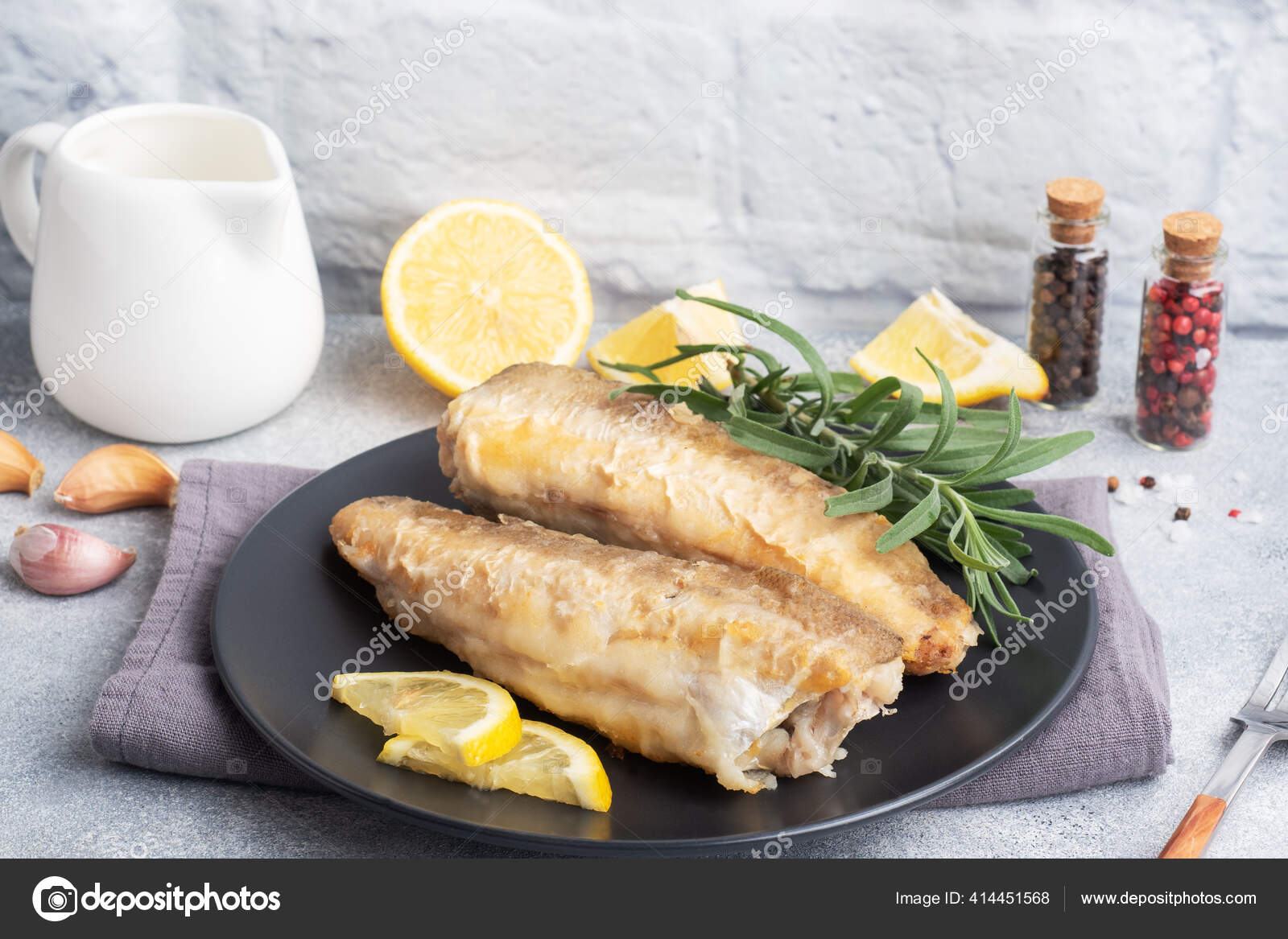 Fried Fish Hake Pollock Slices Fresh Lemon Grey Concrete Background ...