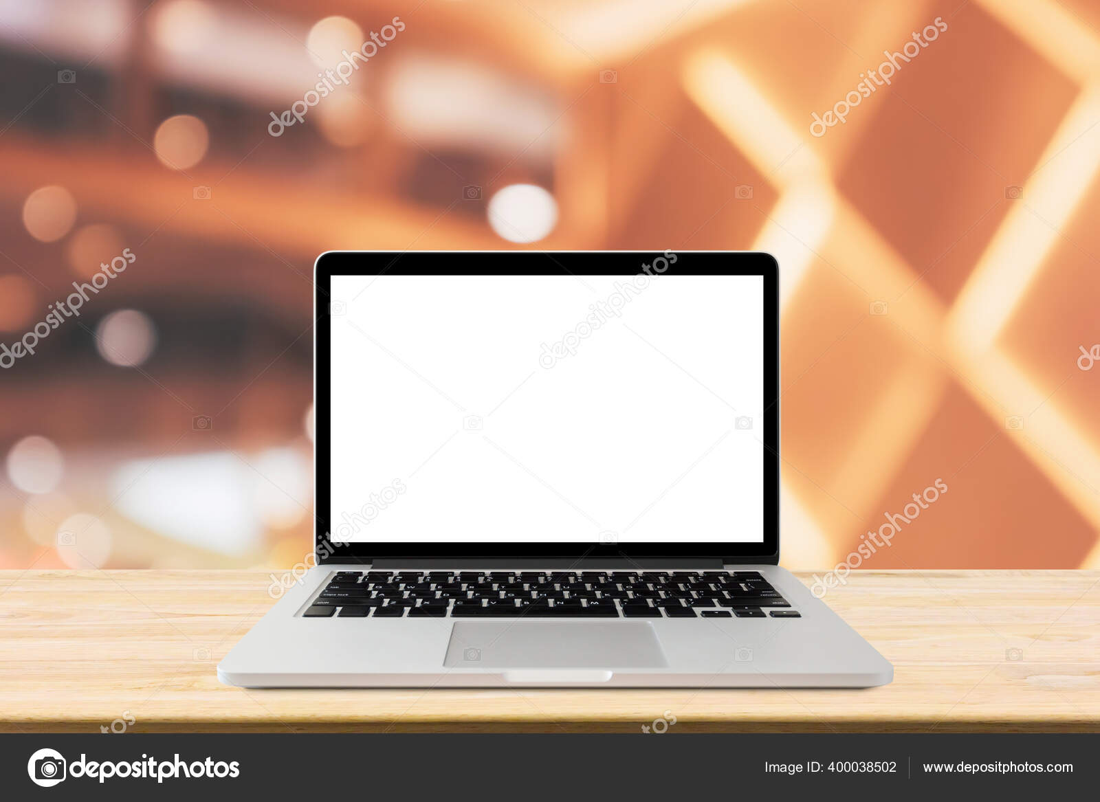 Blank Screen Laptop Computer Wood Table Top Blur Cafe Restaurant Stock ...