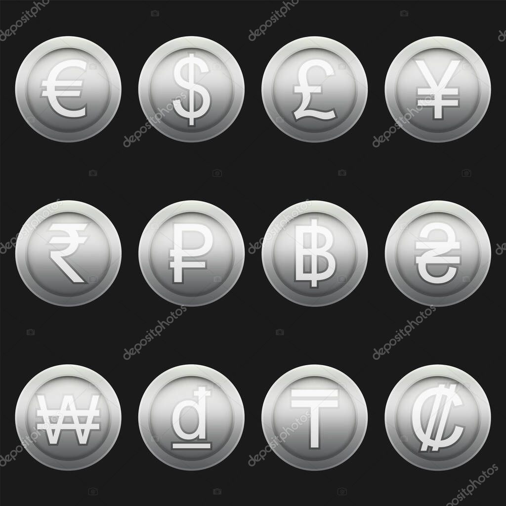 Moneda monedas símbolos iconos brillante conjunto de plata metálica. Un ...