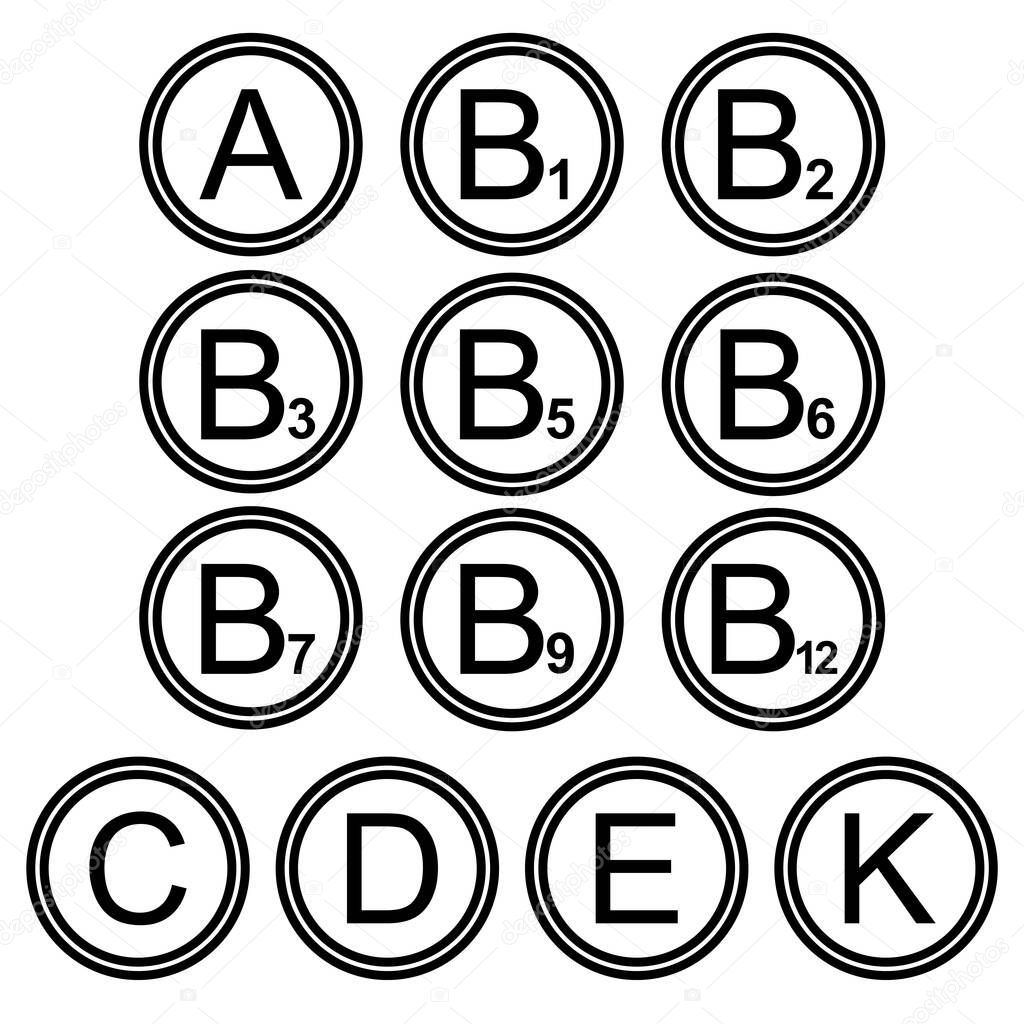 Vitaminas símbolos iconos signos simples de color blanco y negro ...