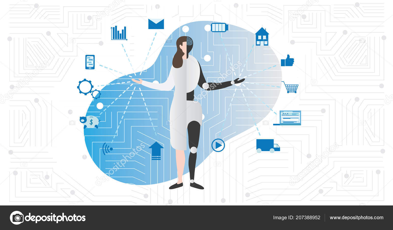 Artificial intelligence or AI vector illustration with symbols. Half human, half robot as ...