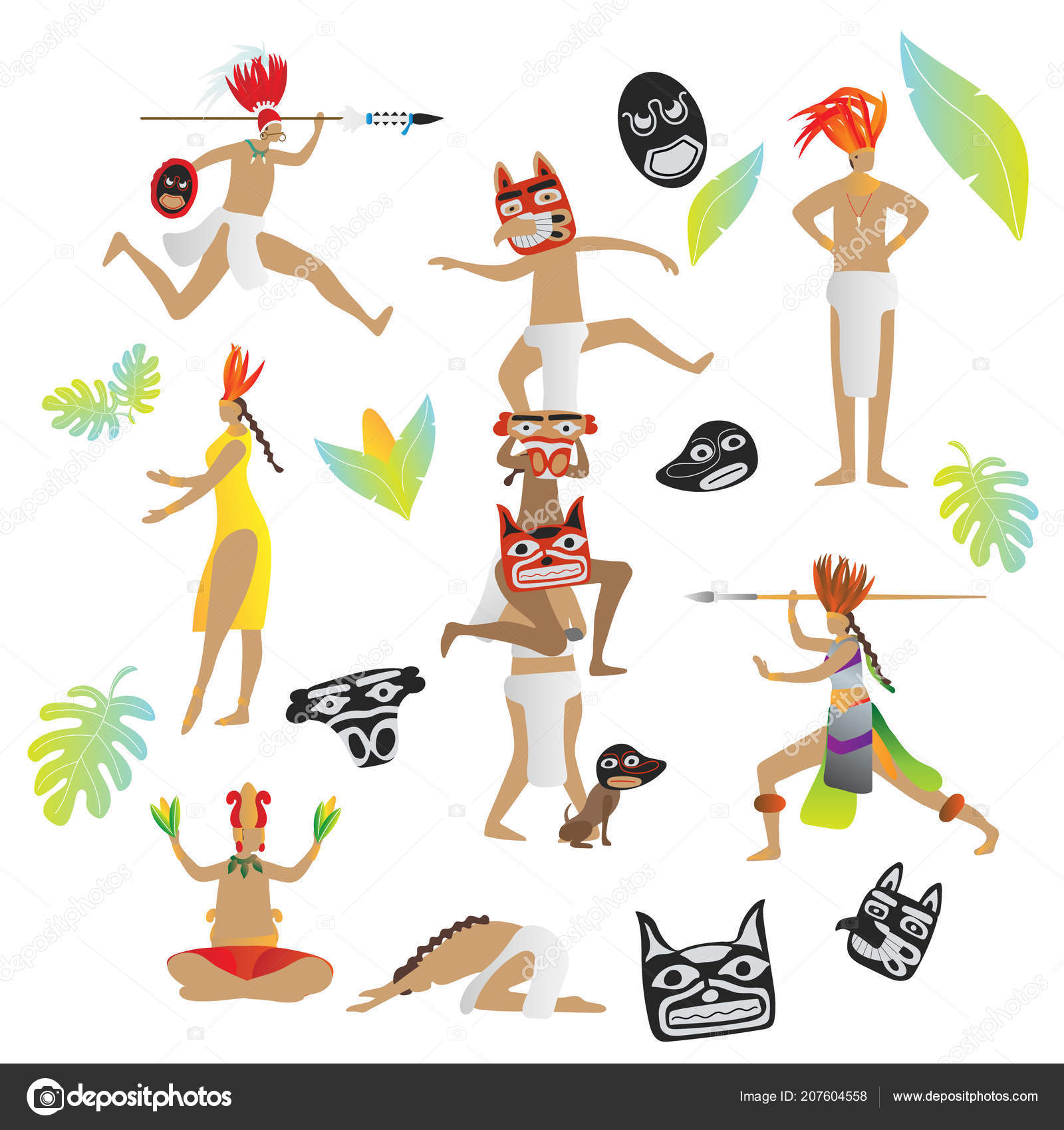 Maya civilization vector illustration collection set. Native tribal ...