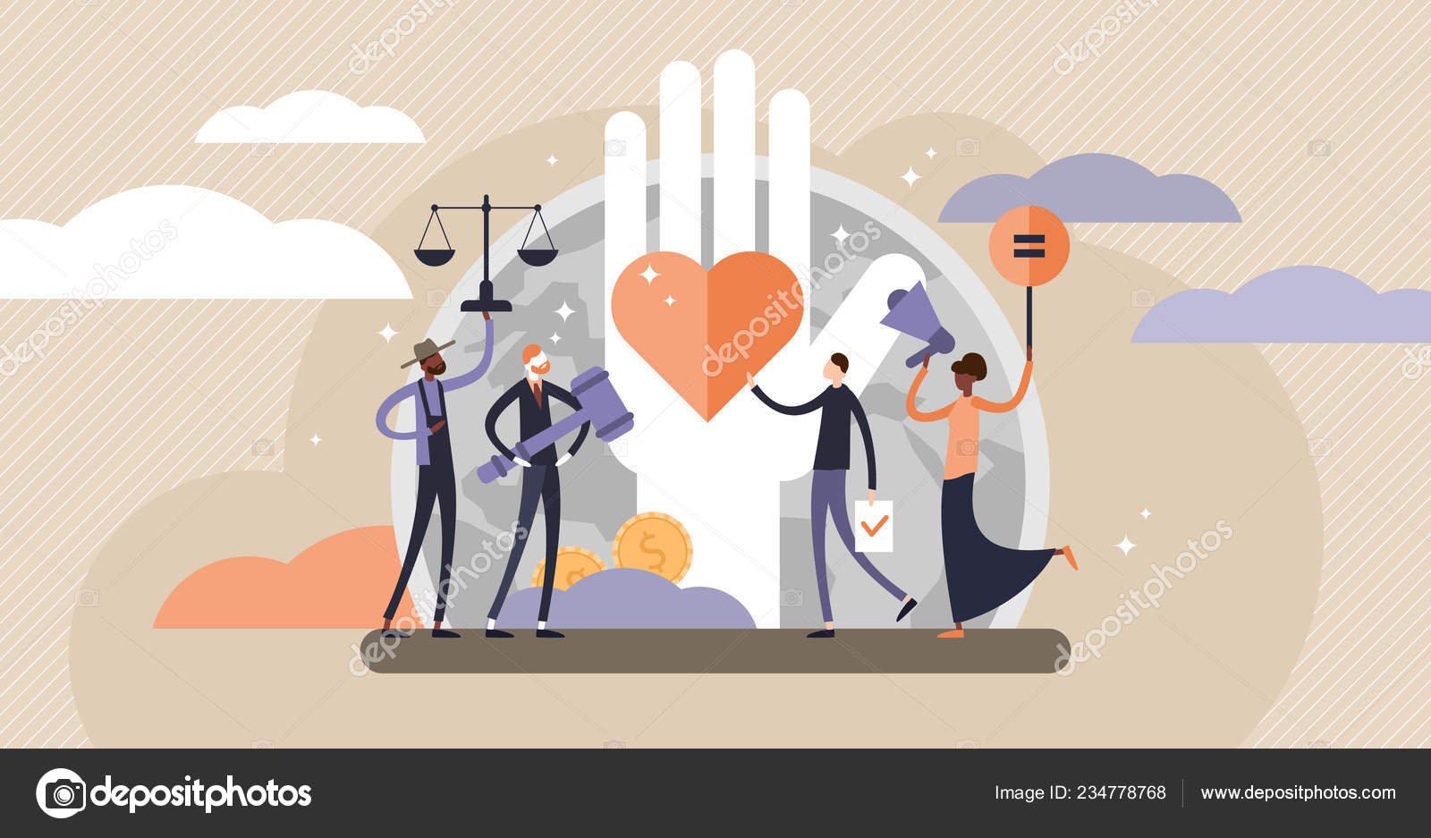 Human rights vector illustration. Tiny equal and variety persons ...