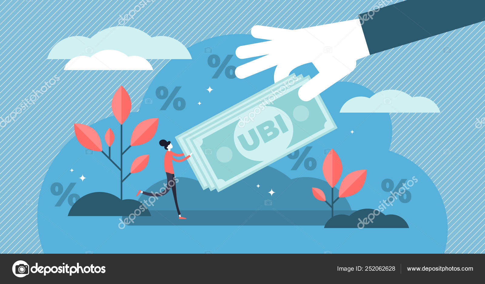 Universal basic income vector illustration. Flat tiny money person ...