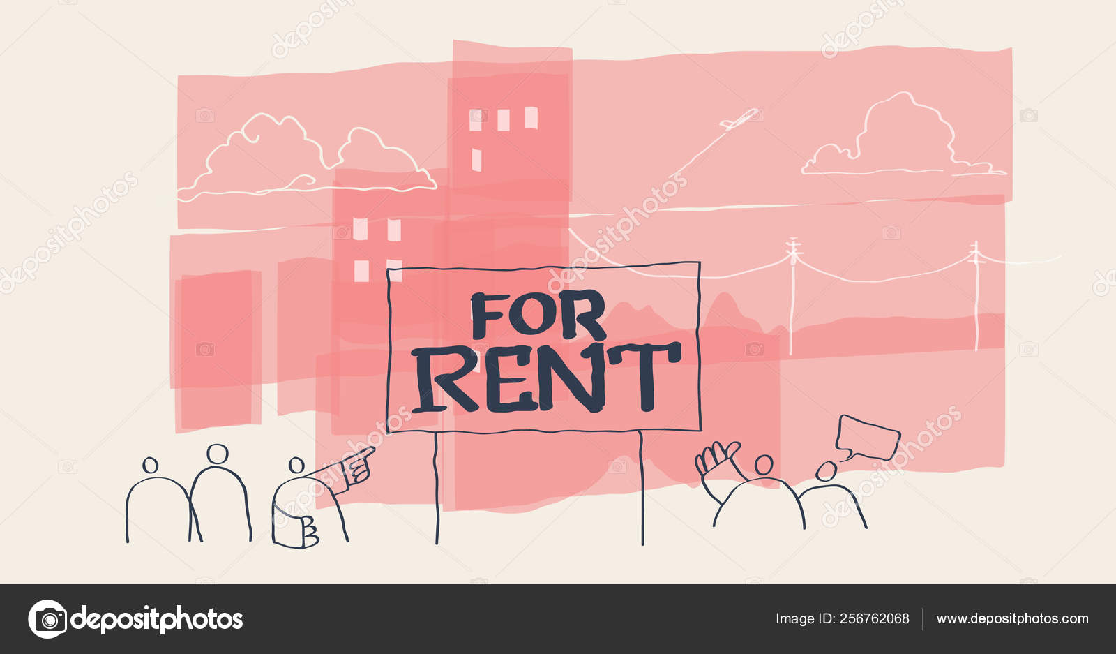 For rent conceptual doodle drawing, urban billboard sign. Housing ...