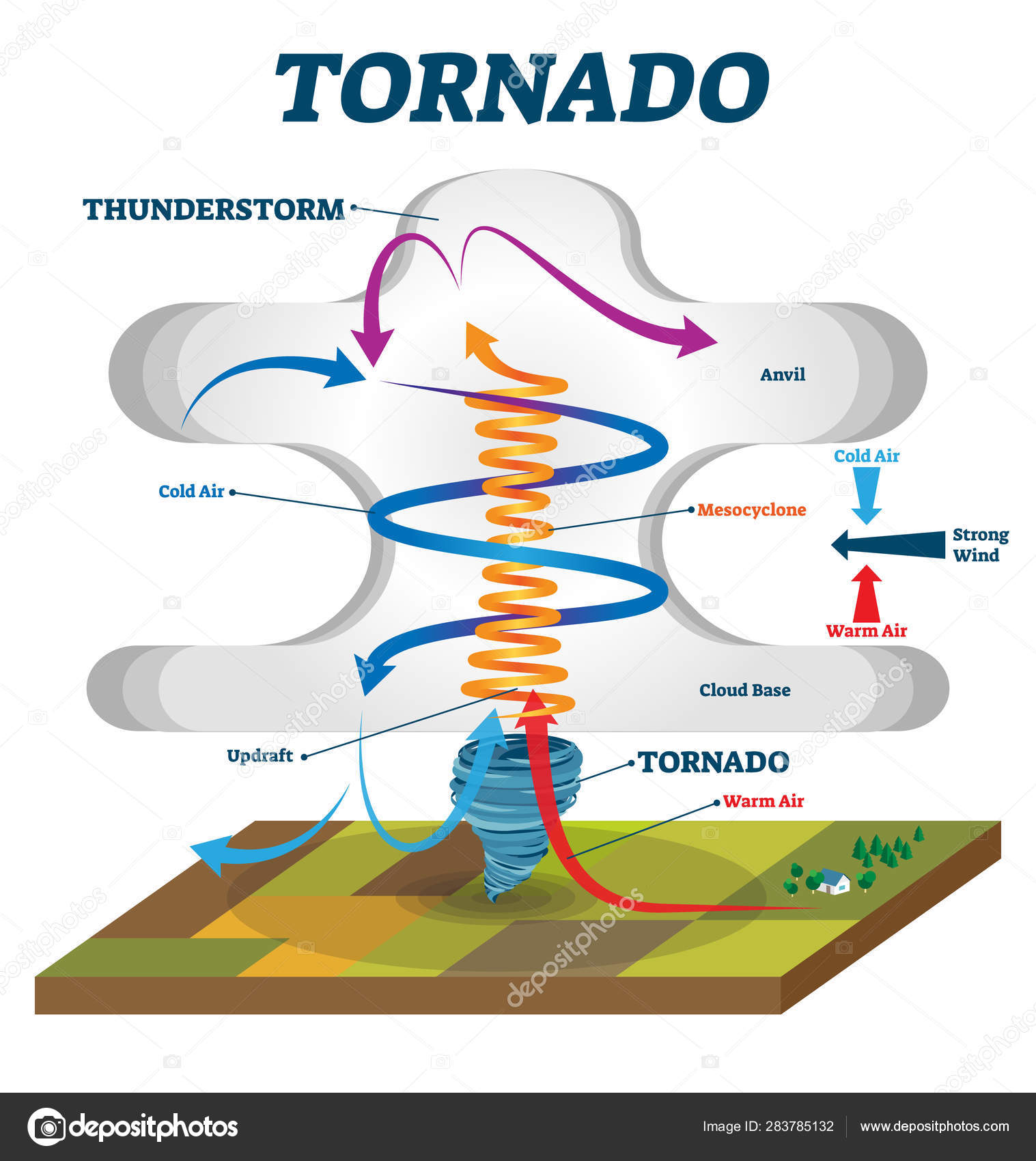 Tornado vector illustration. Labeled educational wind vortex ...