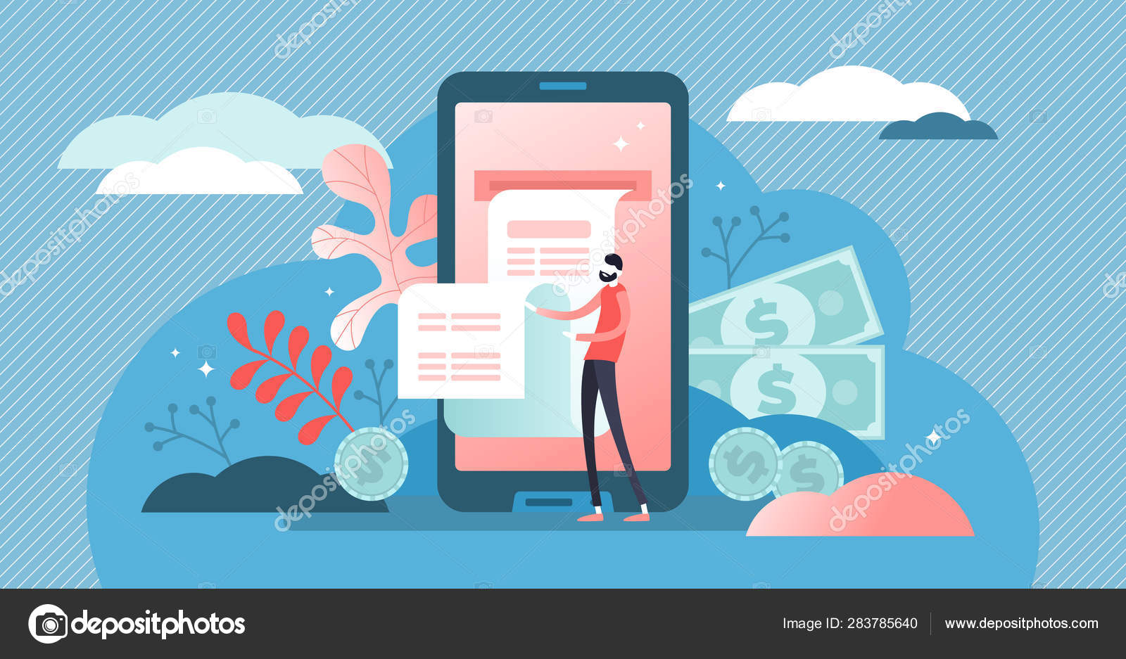 Digital bill vector illustration. Flat tiny phone wallet persons ...