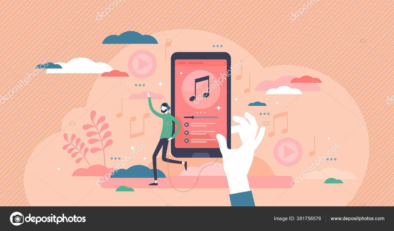 Music playlist vector illustration. Audio songs flat tiny persons ...