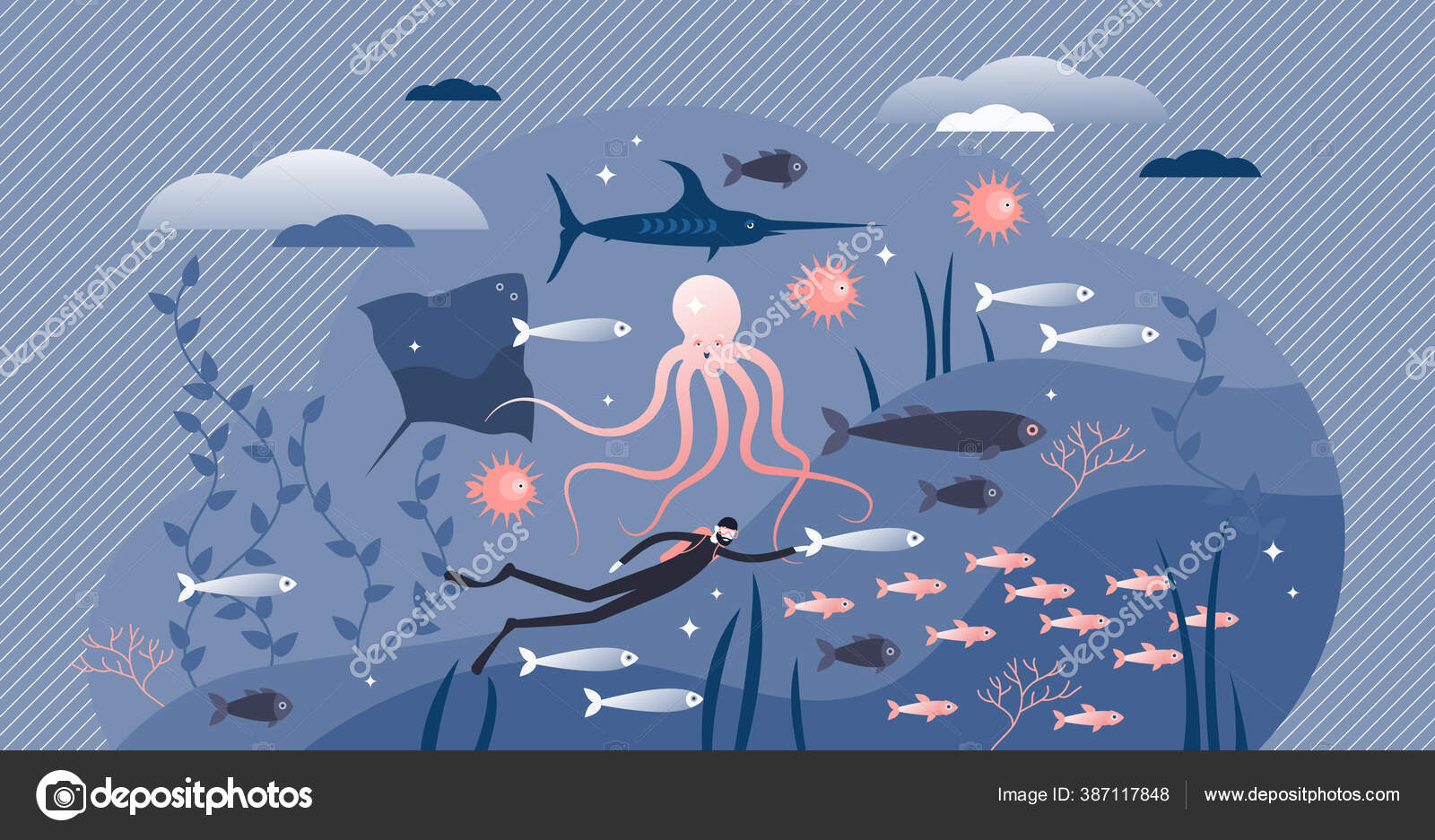 Vida oceánica con fauna submarina en personas minúsculas concepto ...