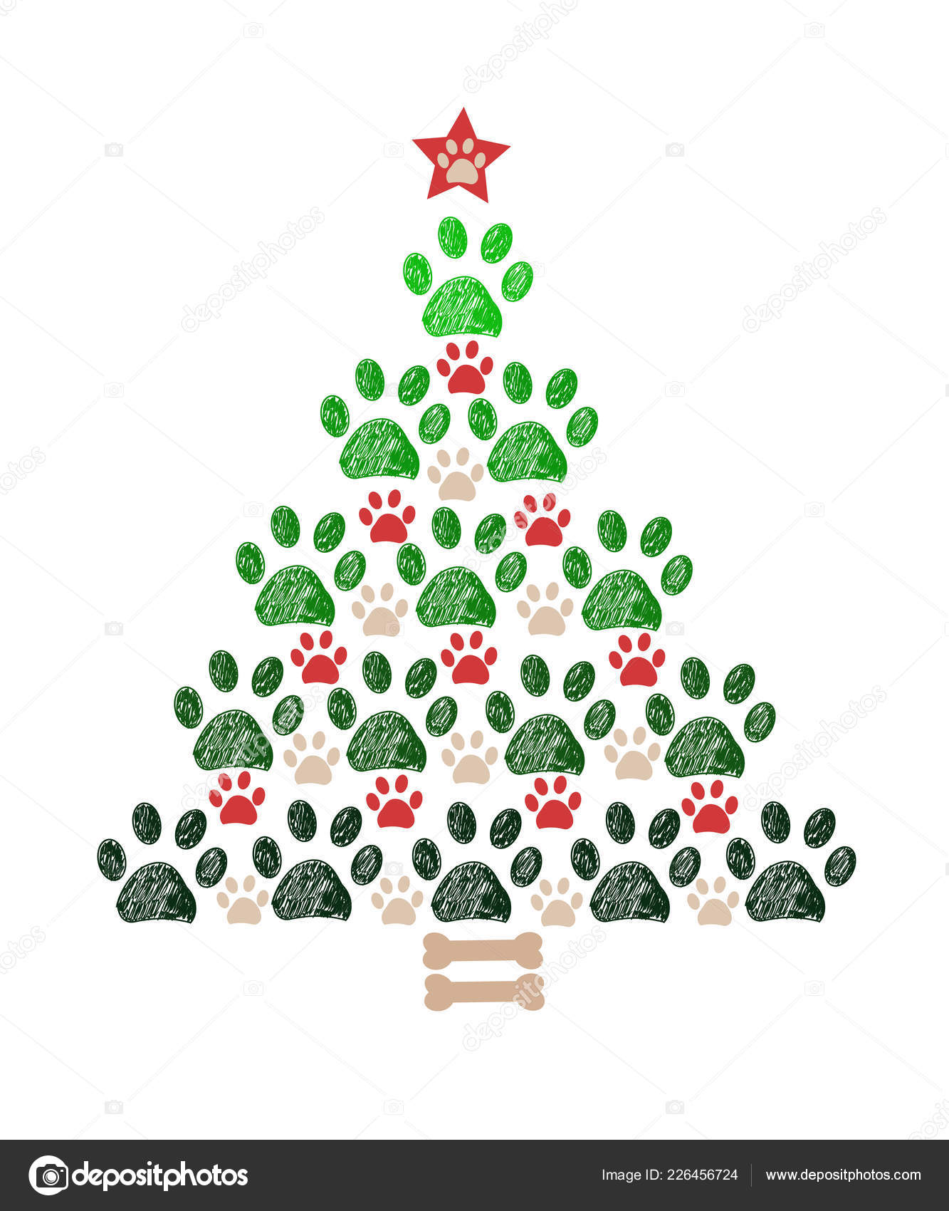 Christmas Tree Made Paw Prints Bone Happy New Year Greeting Stock ...