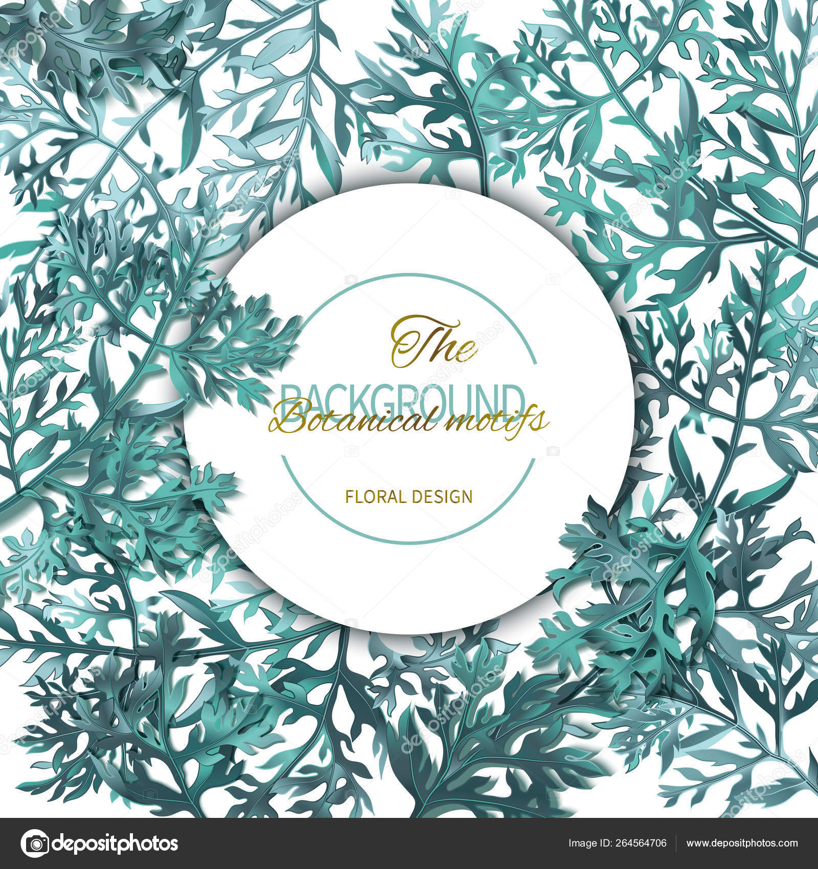 White round banner with blue exotic leaves wormwood on white background ...