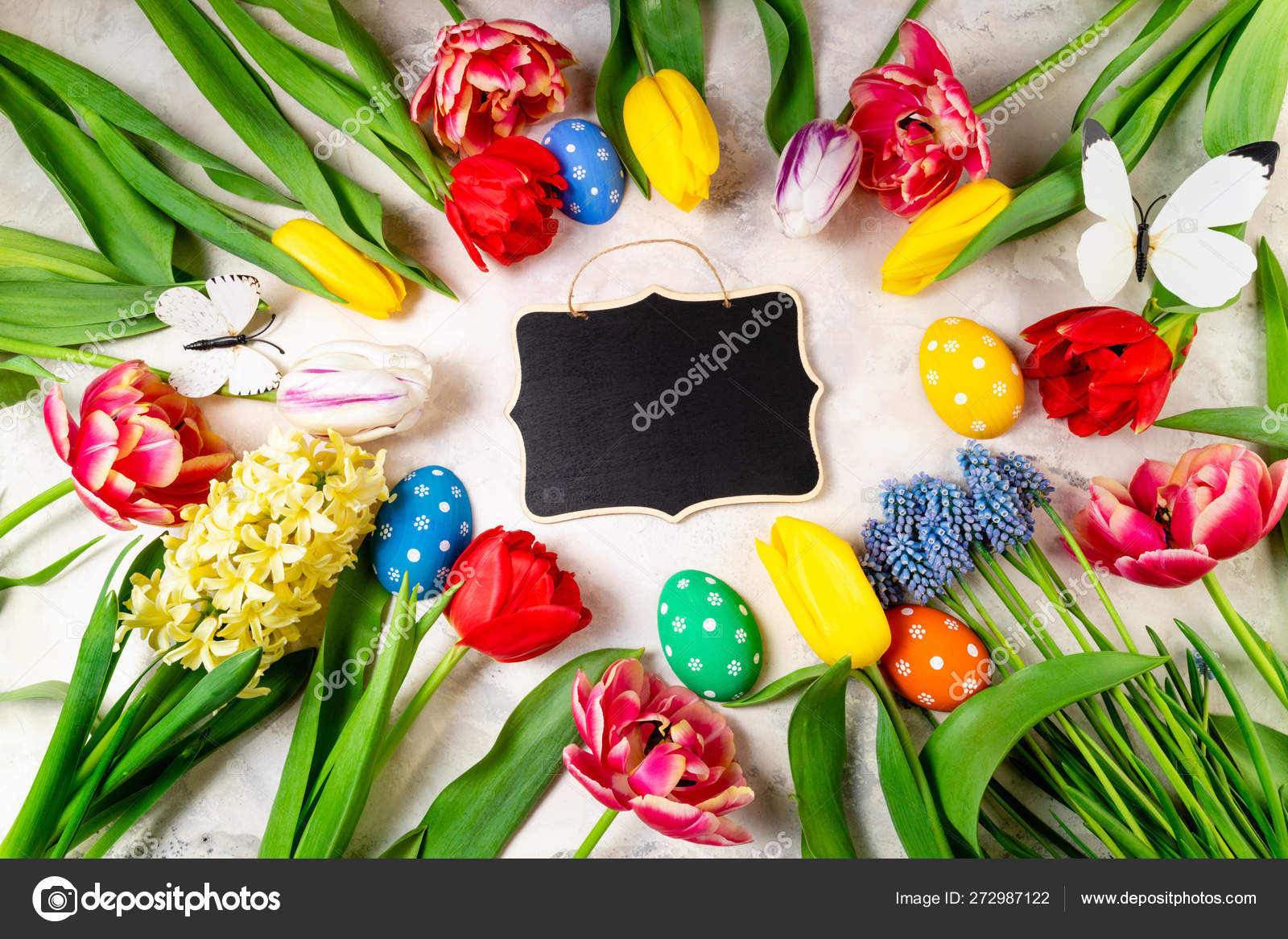 Easter background with spring flowers, Easter eggs and decorations on ...