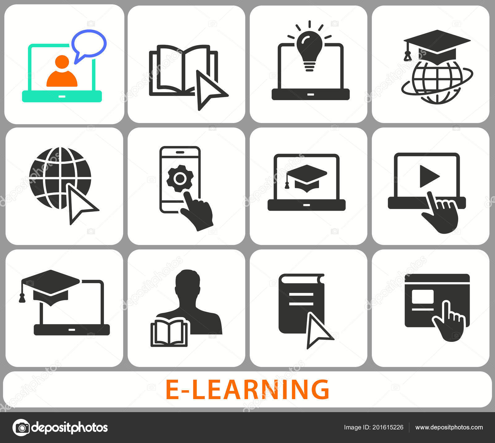 Learning Distance Education Icons Set Graduation Cap Training Laptop ...