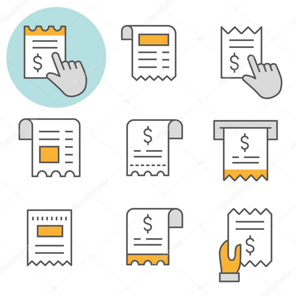 Iconos de línea plana de recepción. Conjunto de compra, tienda, factura ...