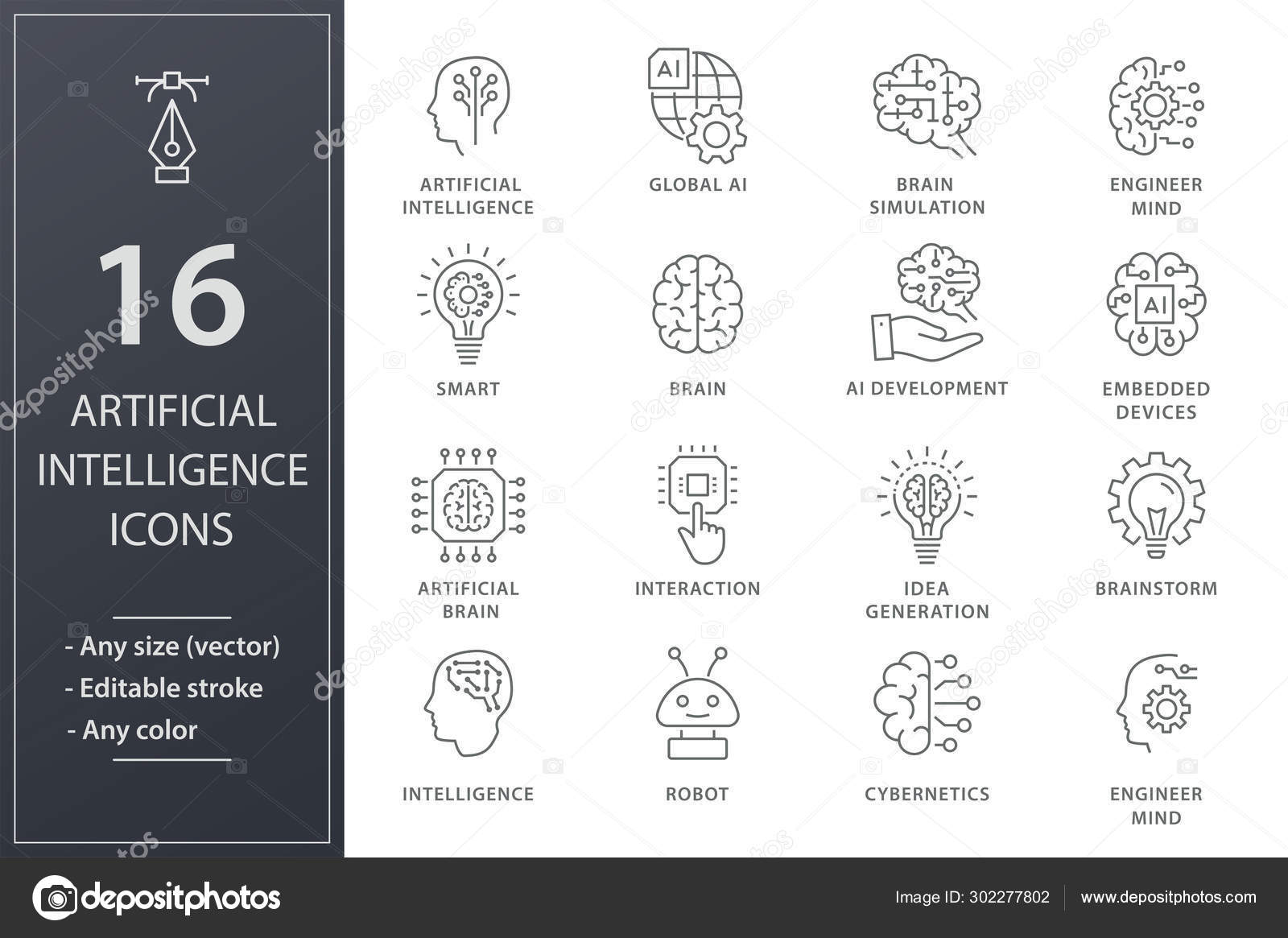 Artificial intelligence line icons set. Black vector illustration ...