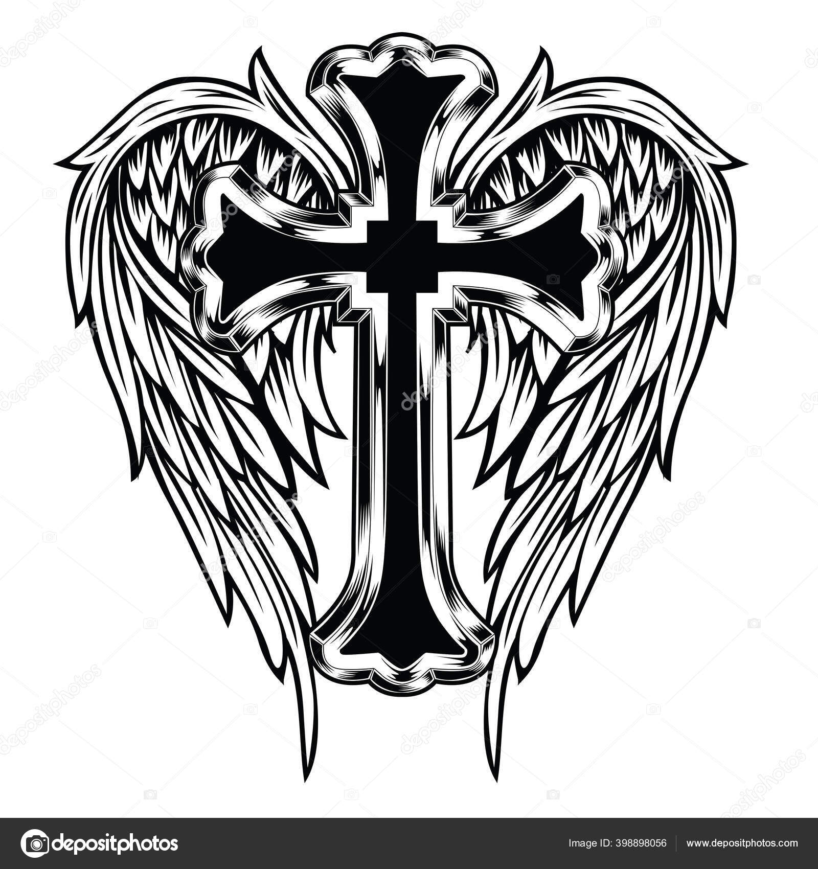 Christian Cross Wing Vector Drawing Blak Illustration Stock Vector by ...