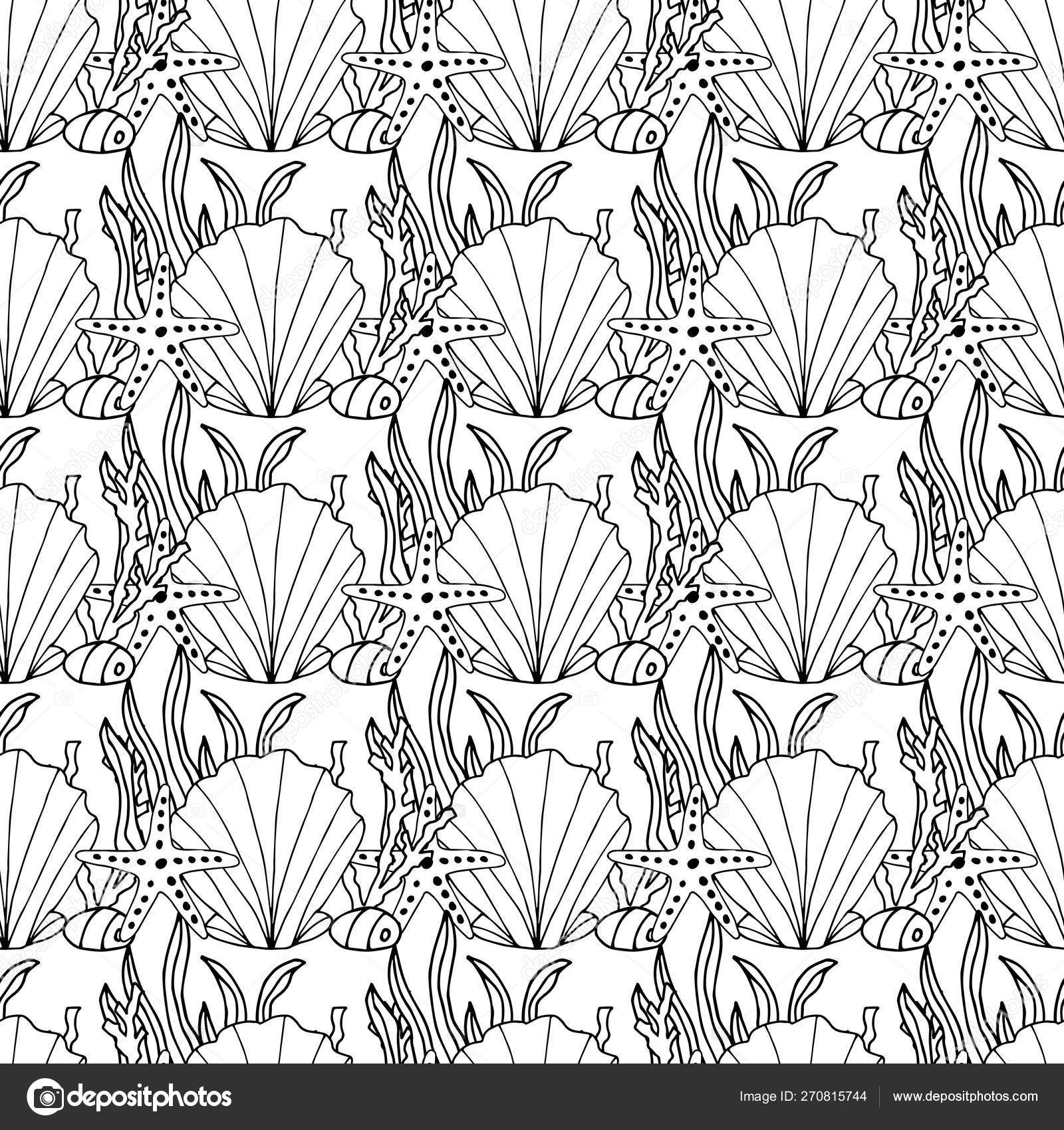Zentangle stylized seashell and other sea inhabitants seamless pattern ...