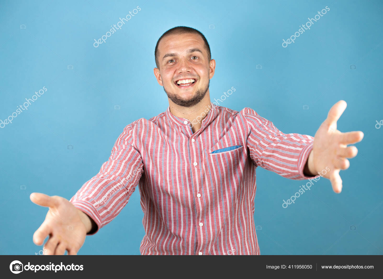 Russian Business Man Blue Background Looking Camera Smiling Open Arms ...