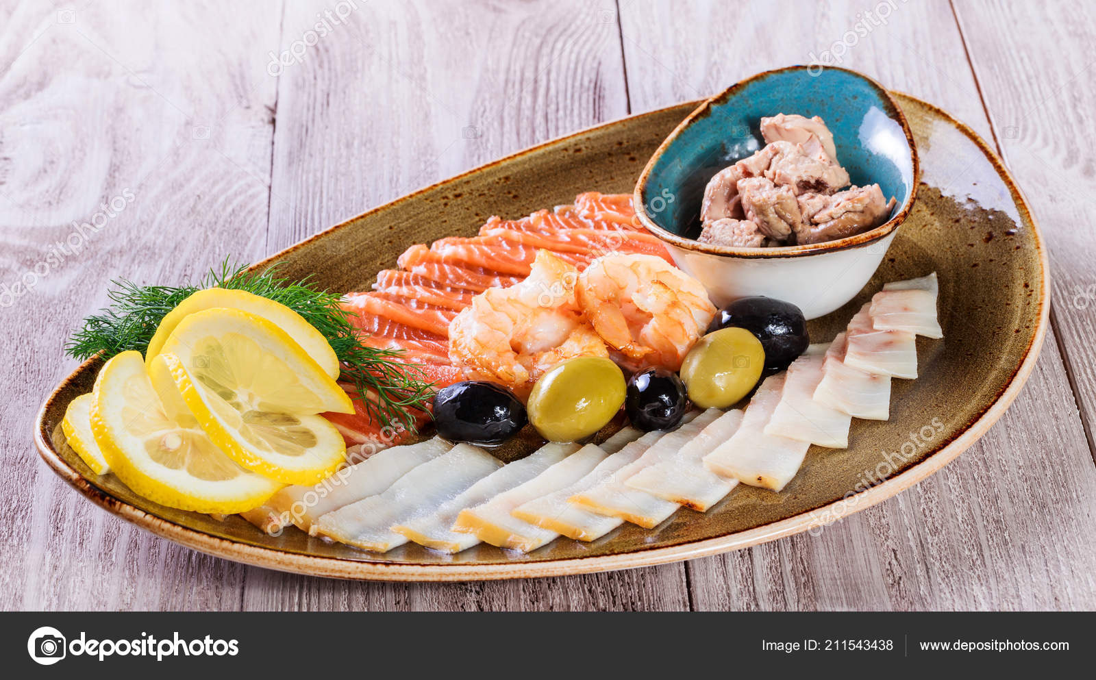 Seafood Platter Fresh Cod Liver Salmon Shrimp Slices Fish Fillet Stock ...
