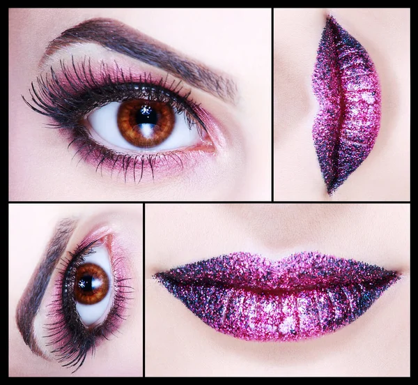 Make up Collage. Beautiful eyes, violet lips. Fashion look. Bright ...