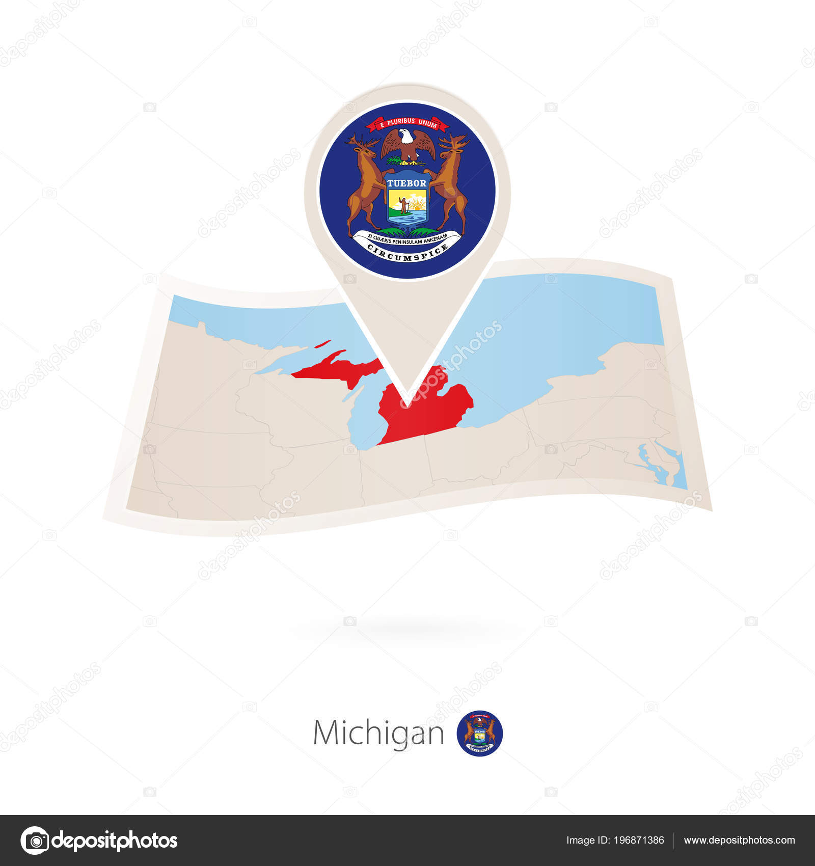 Folded Paper Map Michigan State Flag Pin Michigan Vector Illustration ...
