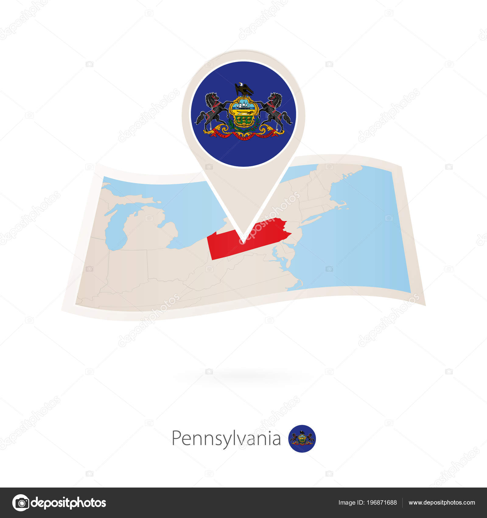 Folded Paper Map Pennsylvania State Flag Pin Pennsylvania Vector ...