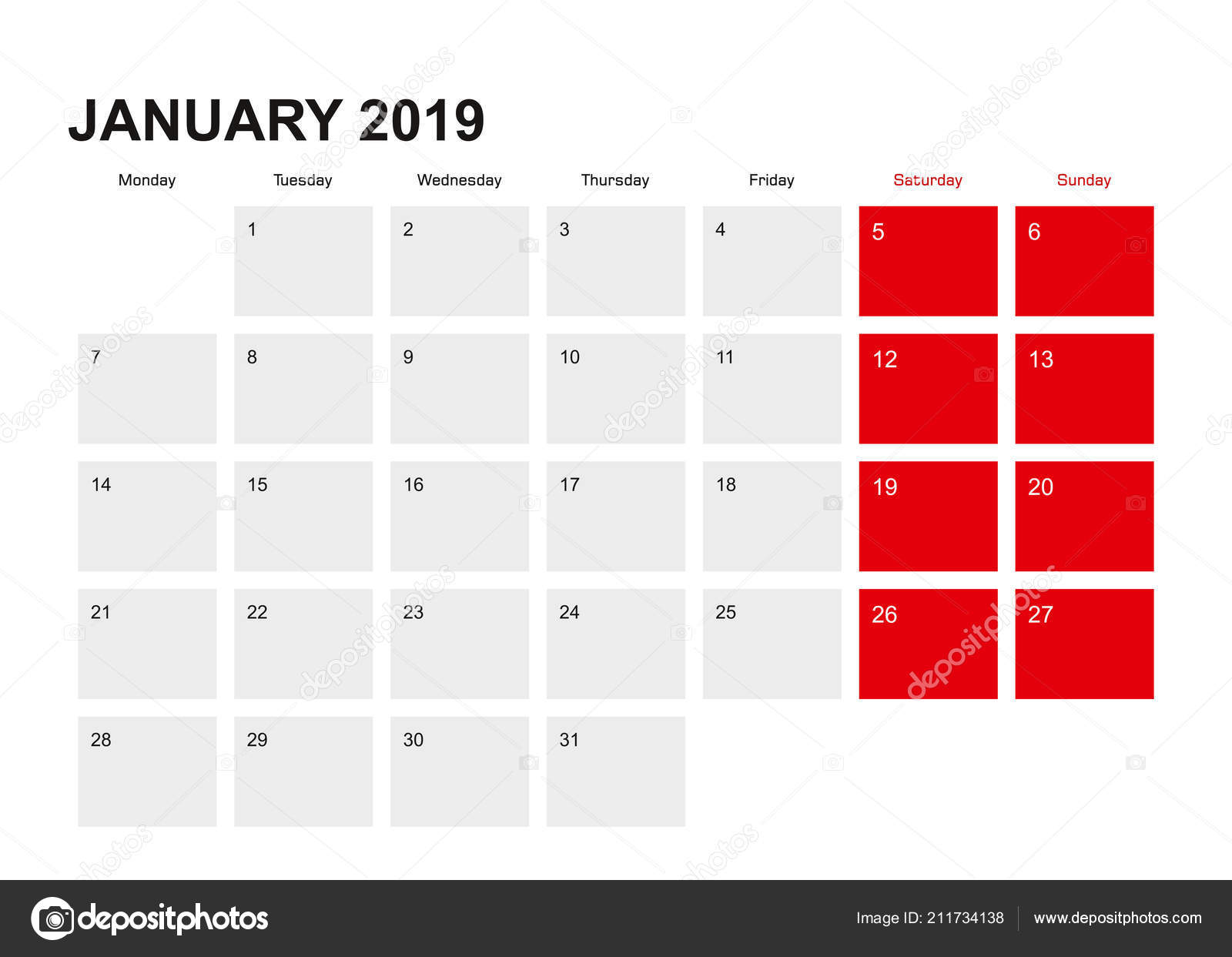 Diseño Calendario Planificador Enero 2019 Semana Comienza Lunes ...