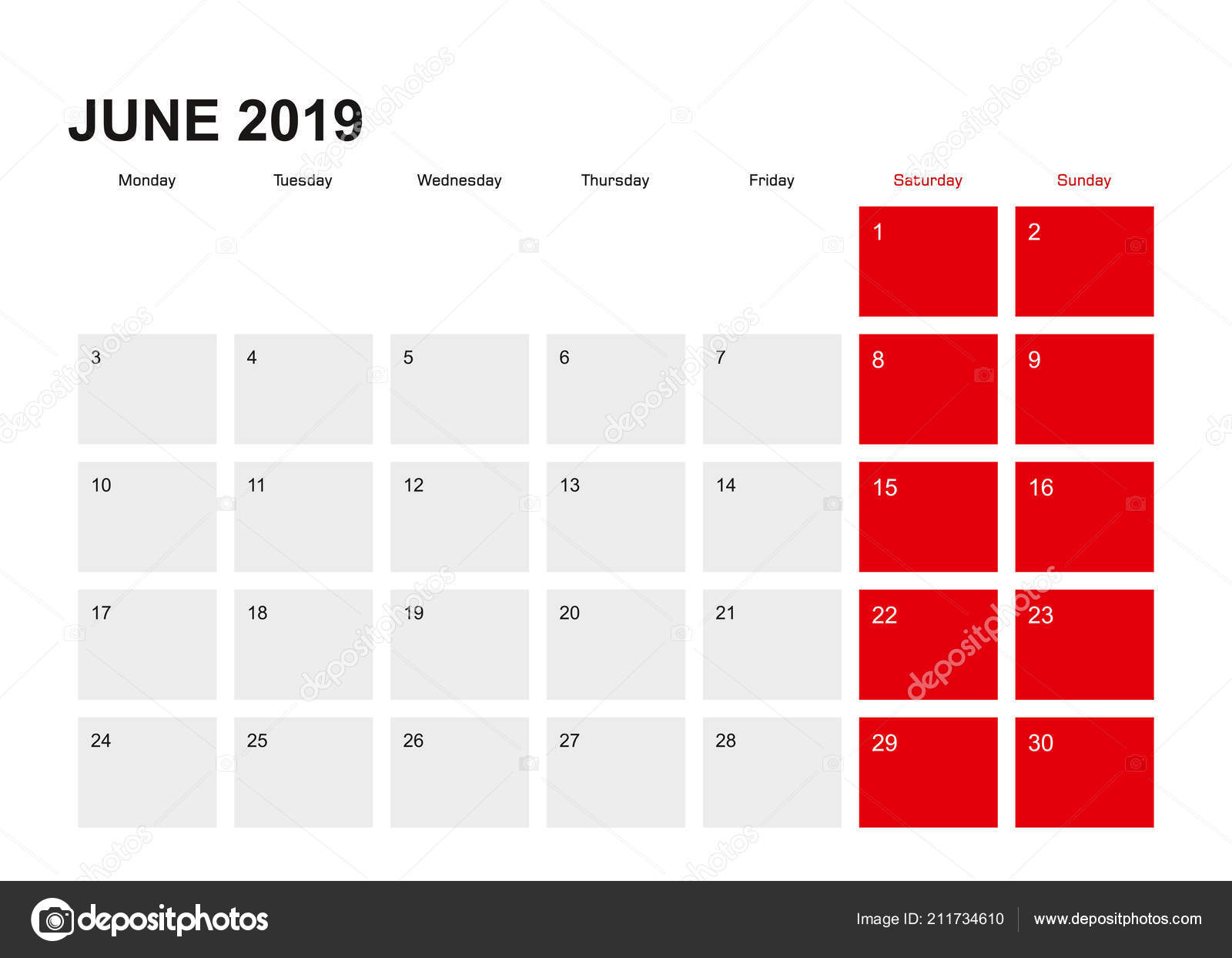 Diseño Calendario Planificador Junio 2019 Semana Comienza Lunes ...