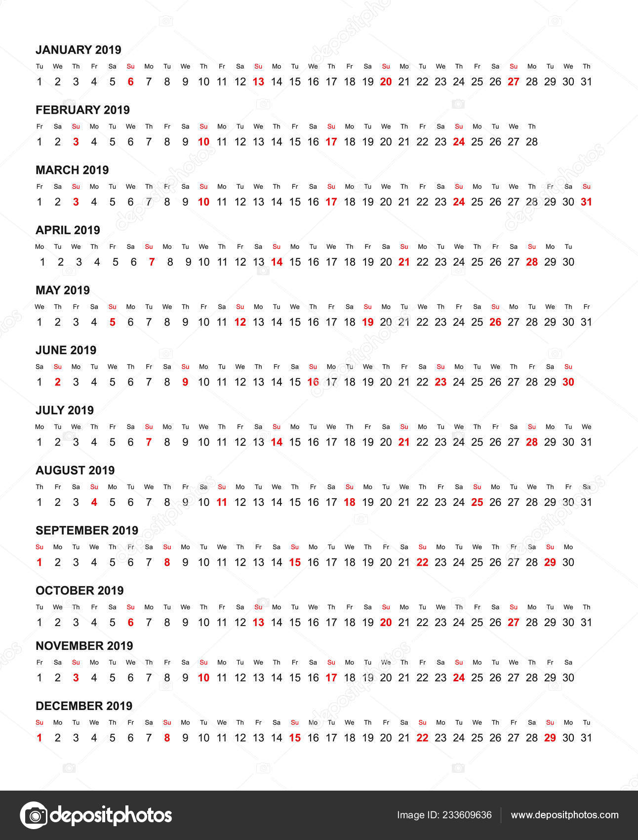 Simple Horizontal Calendar Template Year 2019 Vector Illustration Stock ...