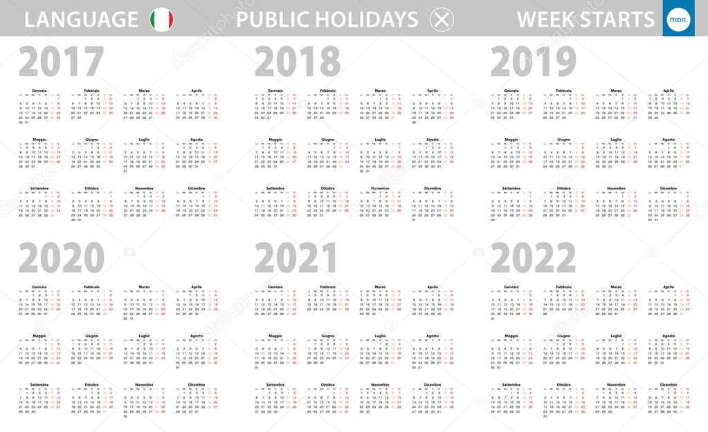 Calendario en lengua italiana para el año 2017, 2018, 2019, 2020, 2021 ...