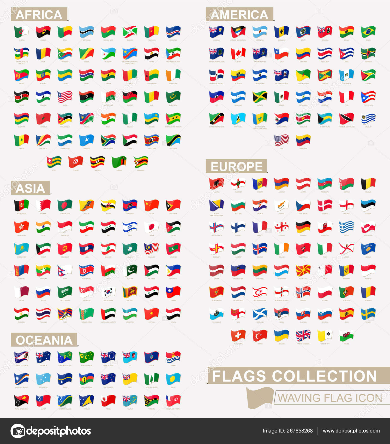 Waving flag icon, big flags collection sorted by continents and ...