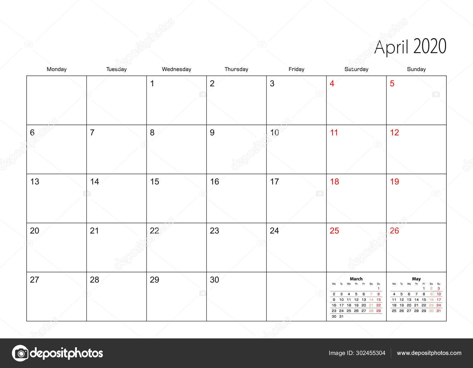 Abril 2020 planejador calendário simples, semana começa a partir de ...