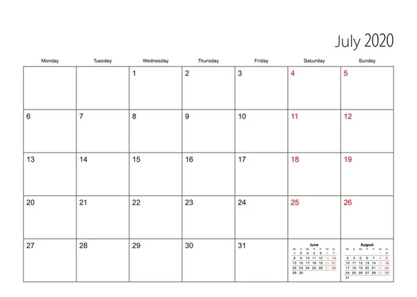 Minimalist calendar template for July 2020, vector calendar in English ...