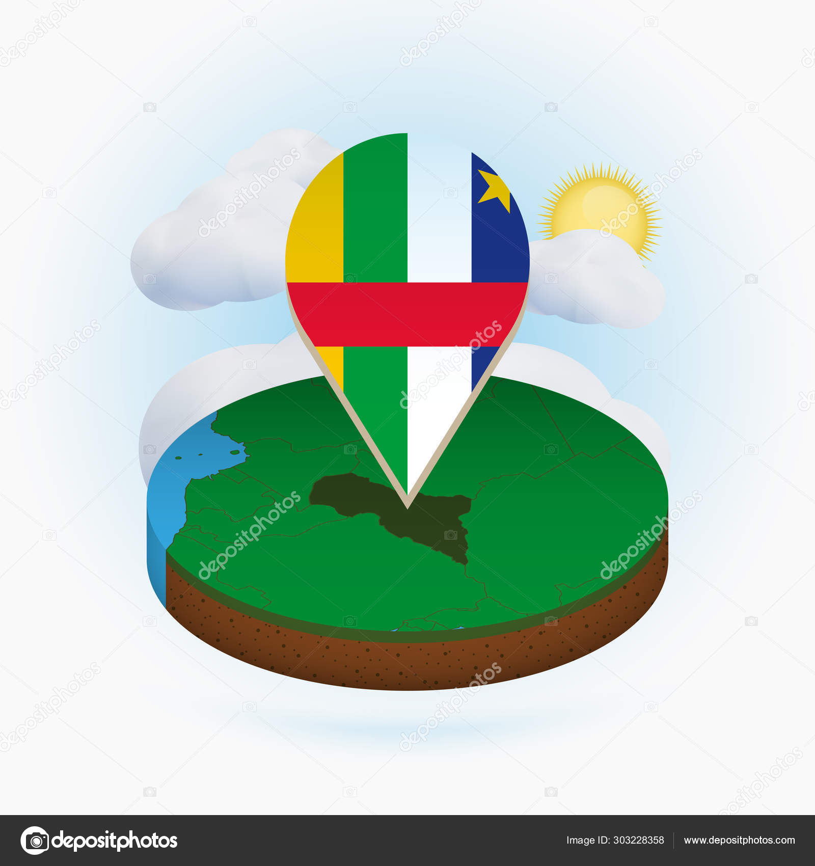 Isométrico mapa redondo de CAR y marcador de punto con bandera de CAR . Vector de stock por ...