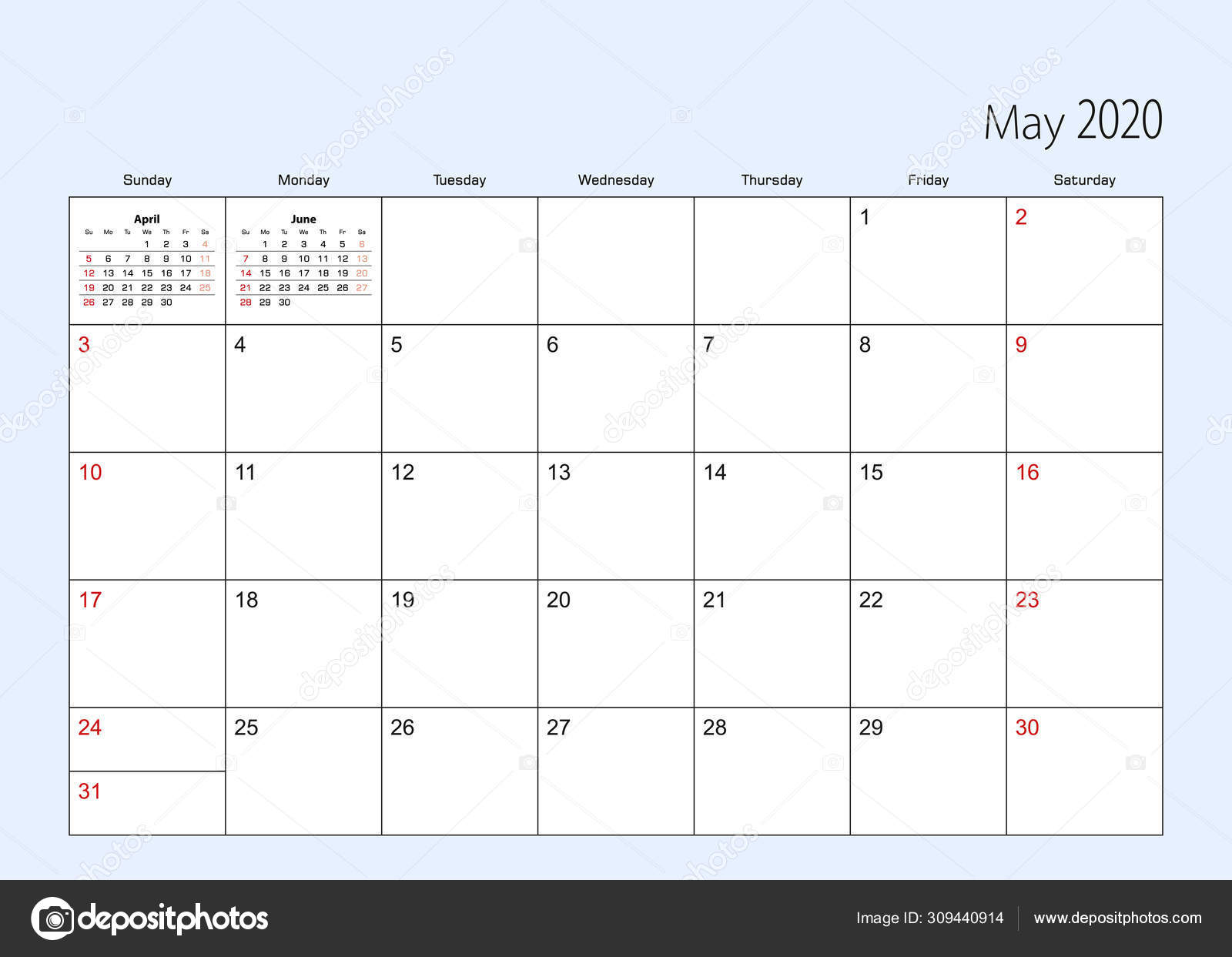 Wall calendar planner for May 2020. English language, week starts from ...