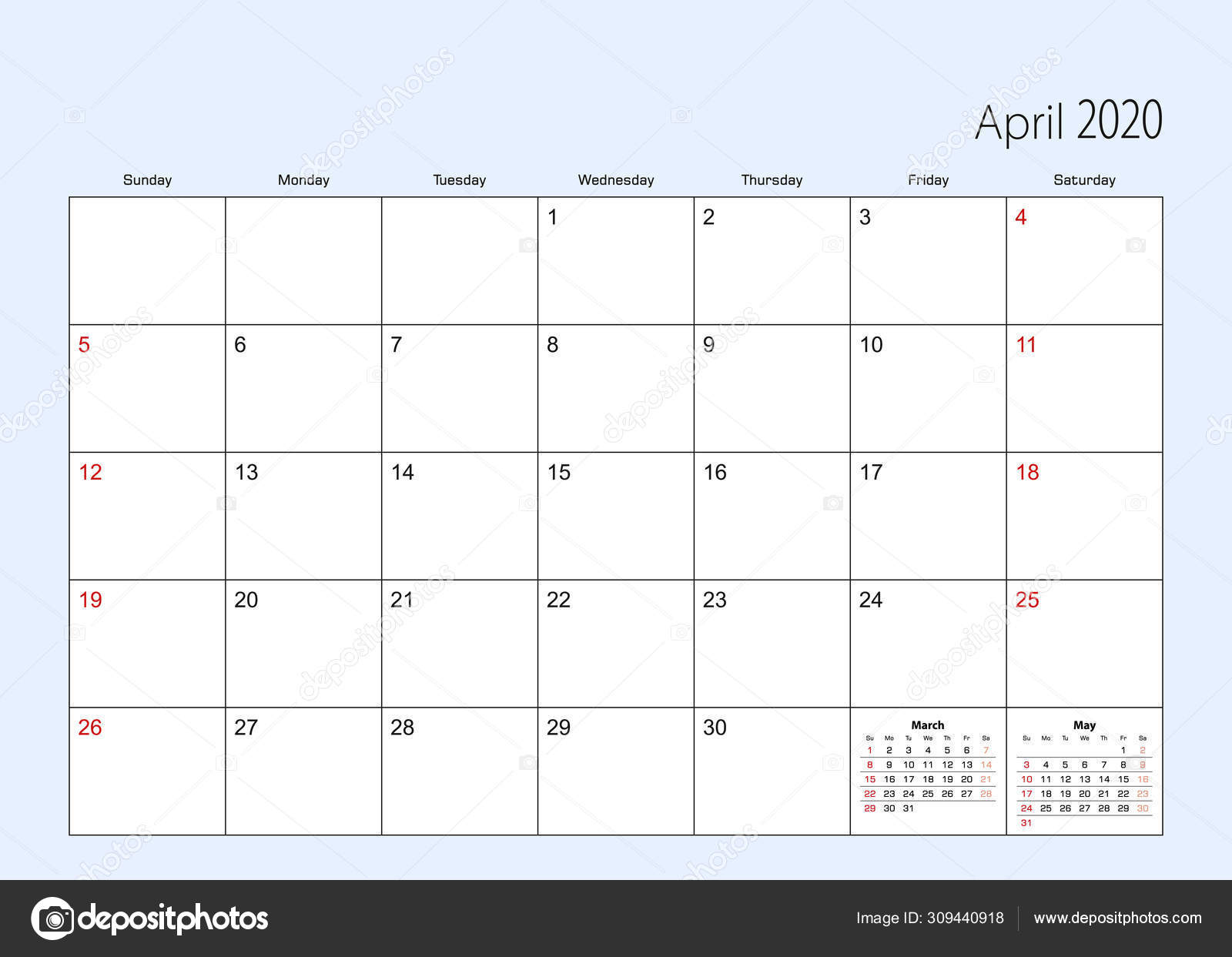 Wall calendar planner for April 2020. English language, week starts ...