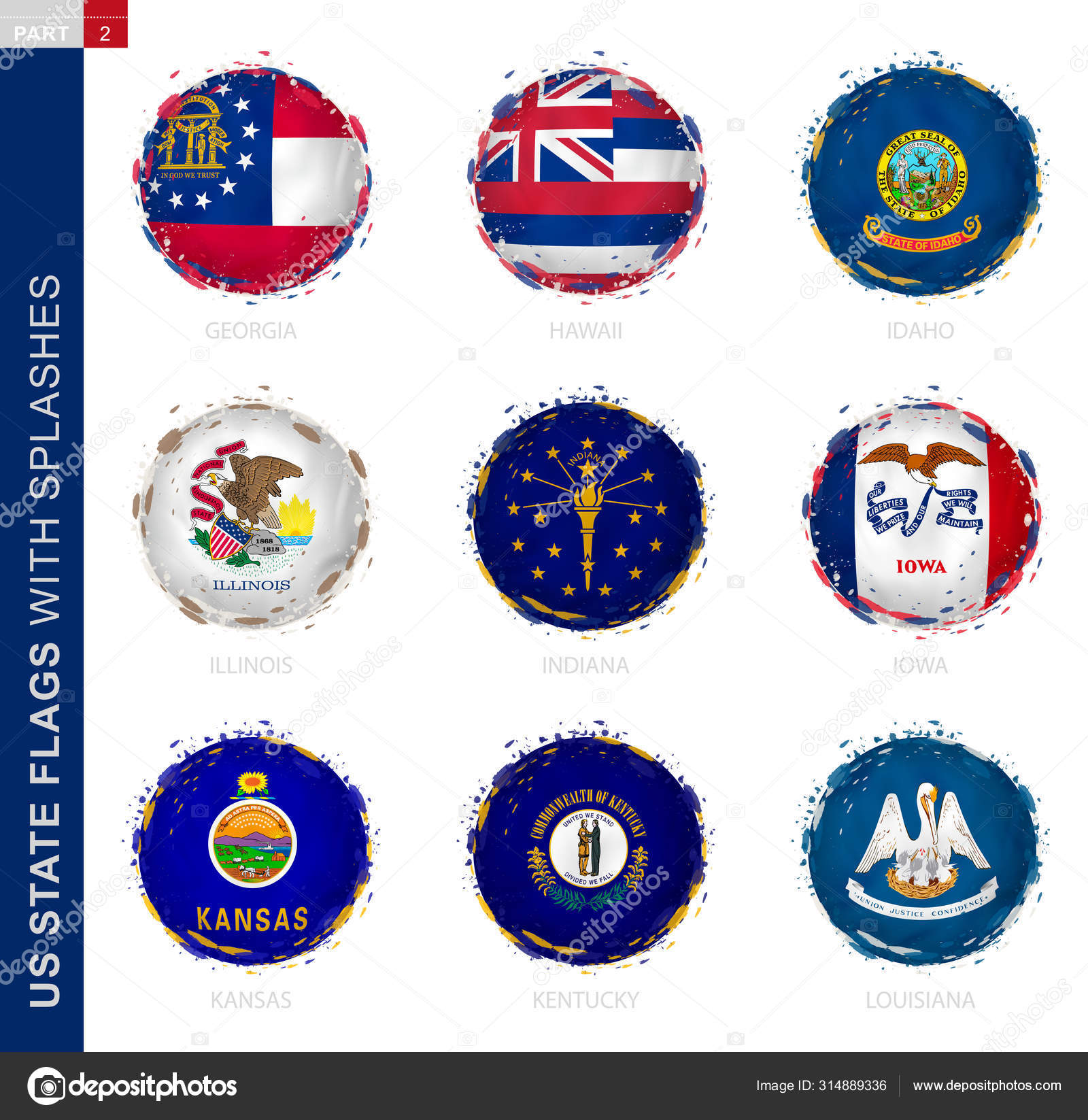 Us state flag collection, runde Grunge-Flagge mit Spritzern. 9 ...