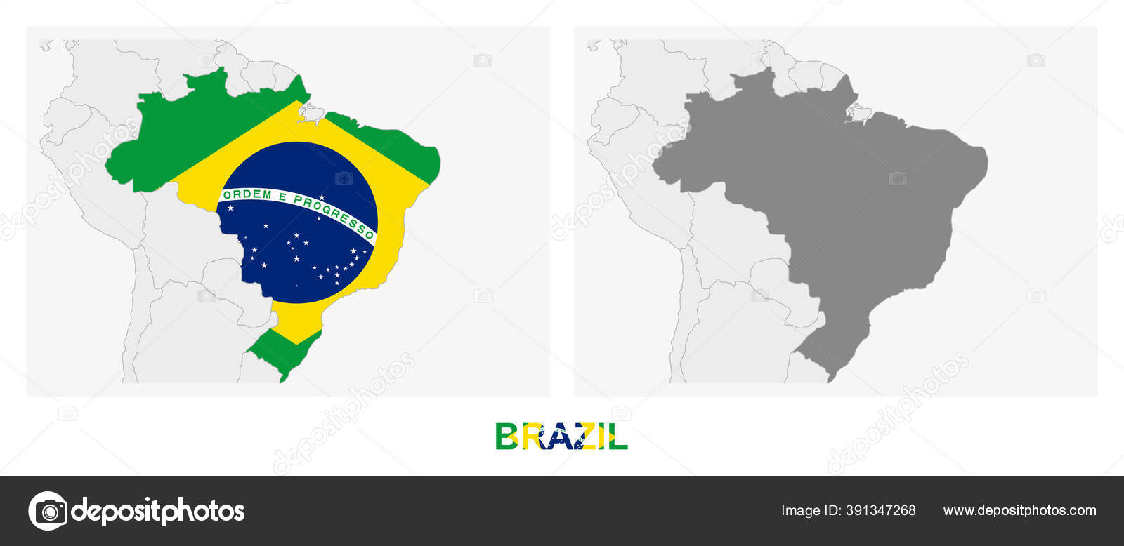 Dvě Verze Mapy Brazílie Vlajkou Brazílie Zvýrazněnou Tmavě Šedou Barvou ...