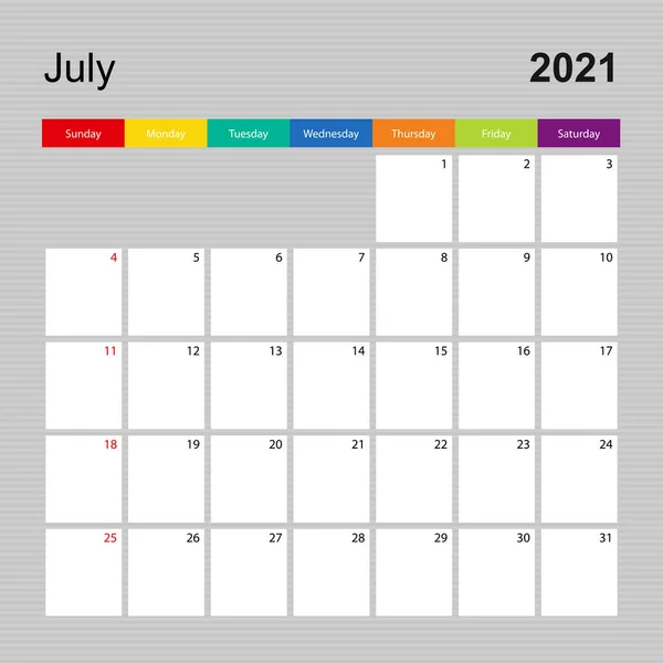 Página de calendario para julio de 2021, planificador de paredes con ...