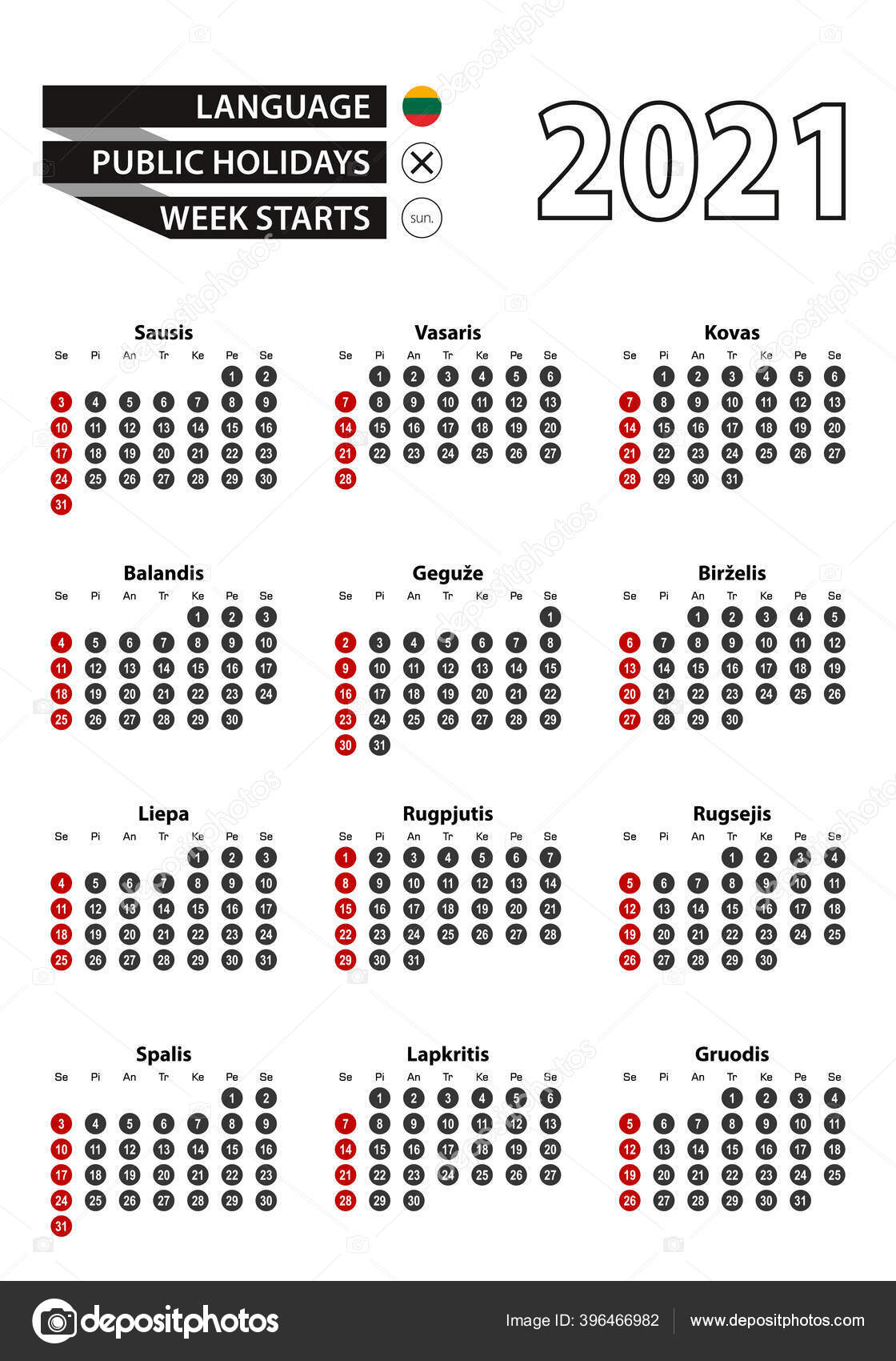Lithuanian Calendar 2021 Numbers Circles Week Starts Sunday 2021 Flag ...