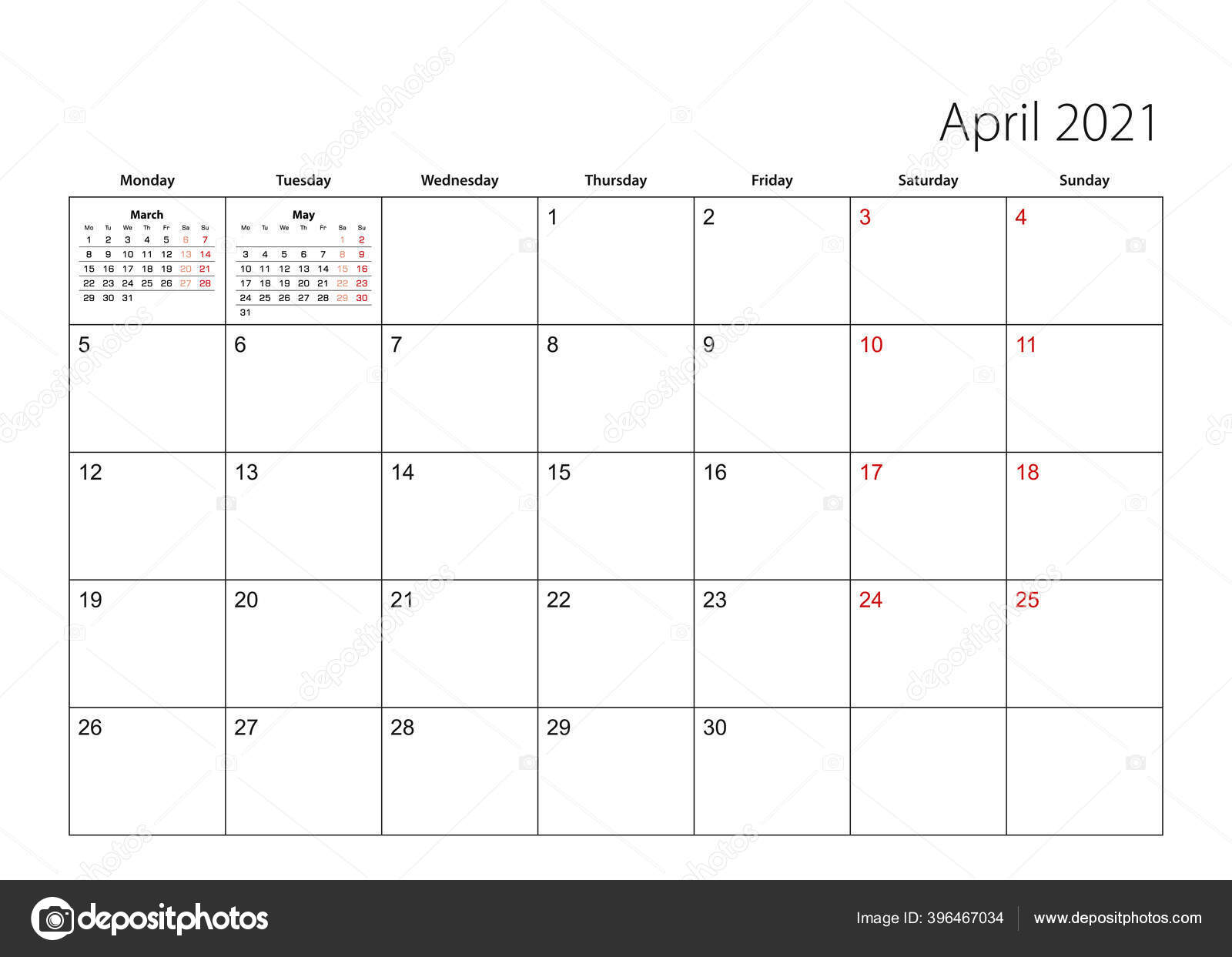 April 2021 Perencana Kalender Sederhana Minggu Dimulai Dari Hari Senin ...