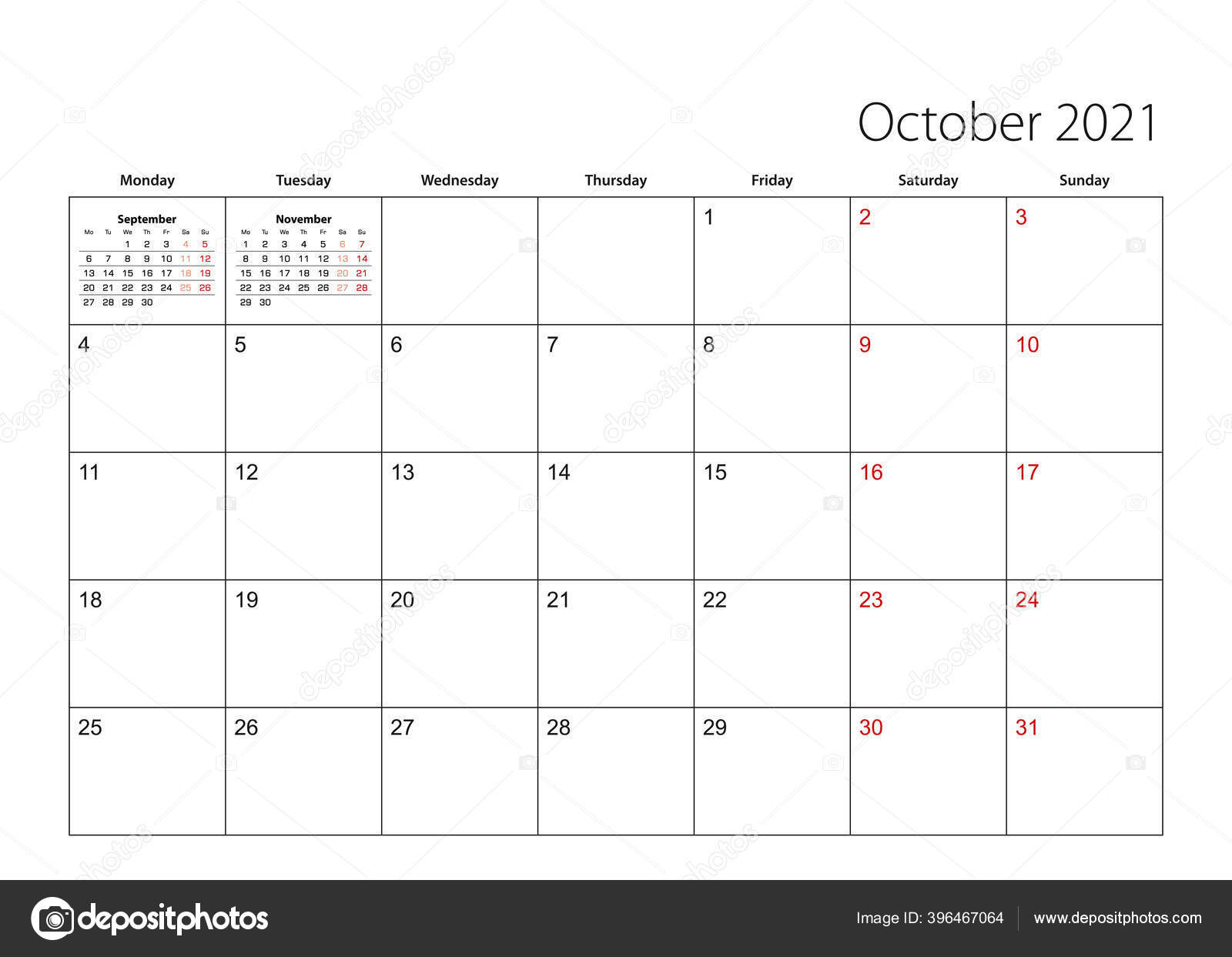Octubre 2021 Planificador Calendario Simple Semana Comienza Partir Del ...